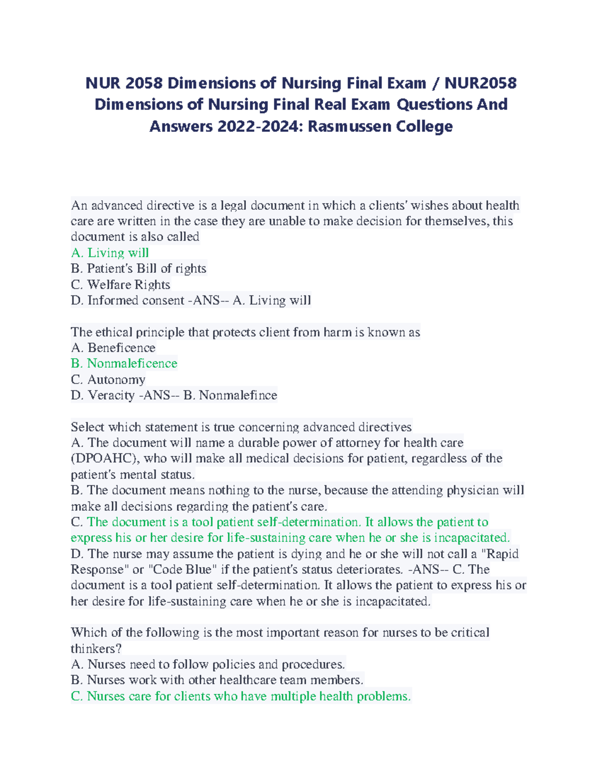 NUR 2058 Dimensions of Nursing Final Exam Study Guide and Key Concepts ...