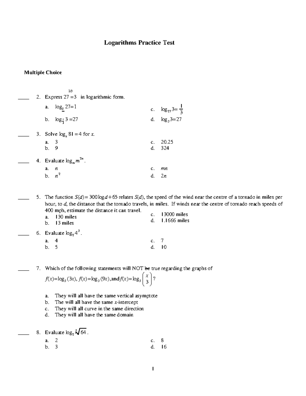 Logarithms Practice Test - Comprehensive MCQ Revision - Studocu