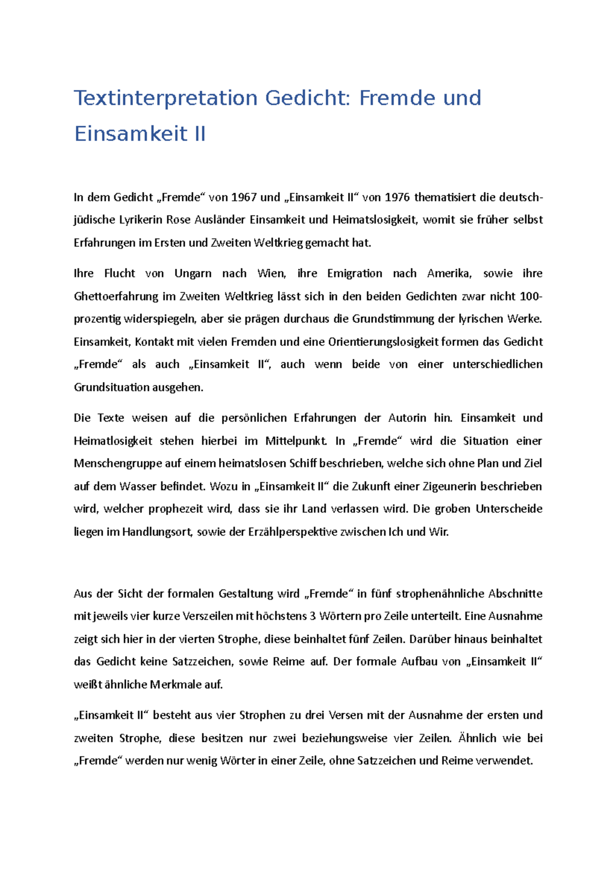 Gedichtinterpretation: Fremde und Einsamkeit II (Kurscode: LIT101 ...