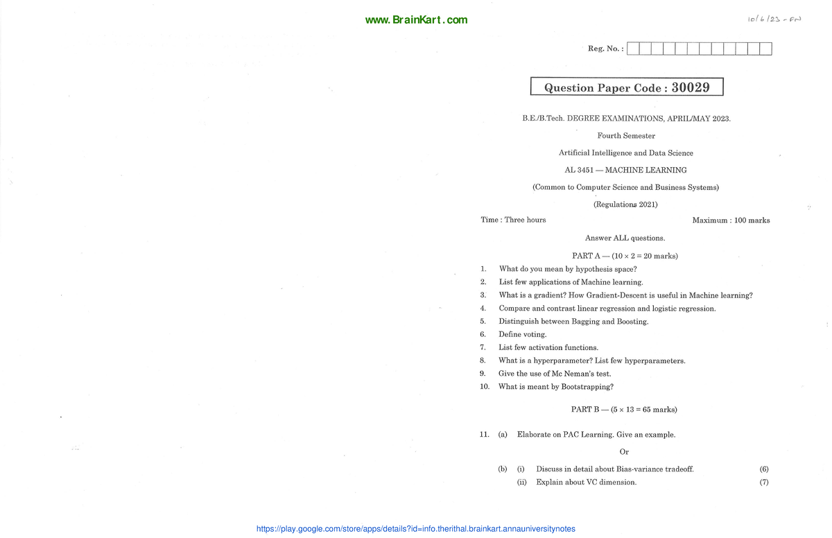 Machine Learning - AL3451 2021 Reg. - Question Paper April/May 2023 ...