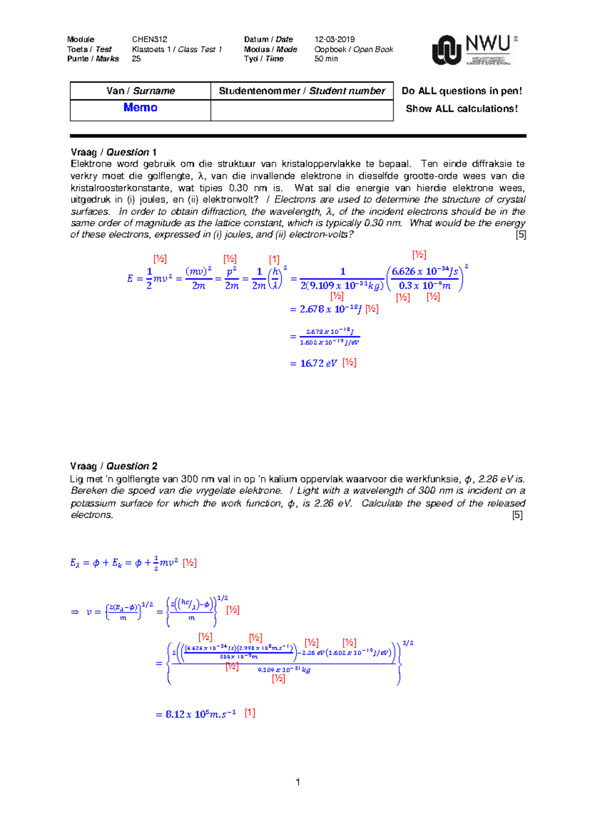 CHEN 312, Class Test 1, 2019 , Memo - 1 Module CHEN312 Datum / Date 12 ...