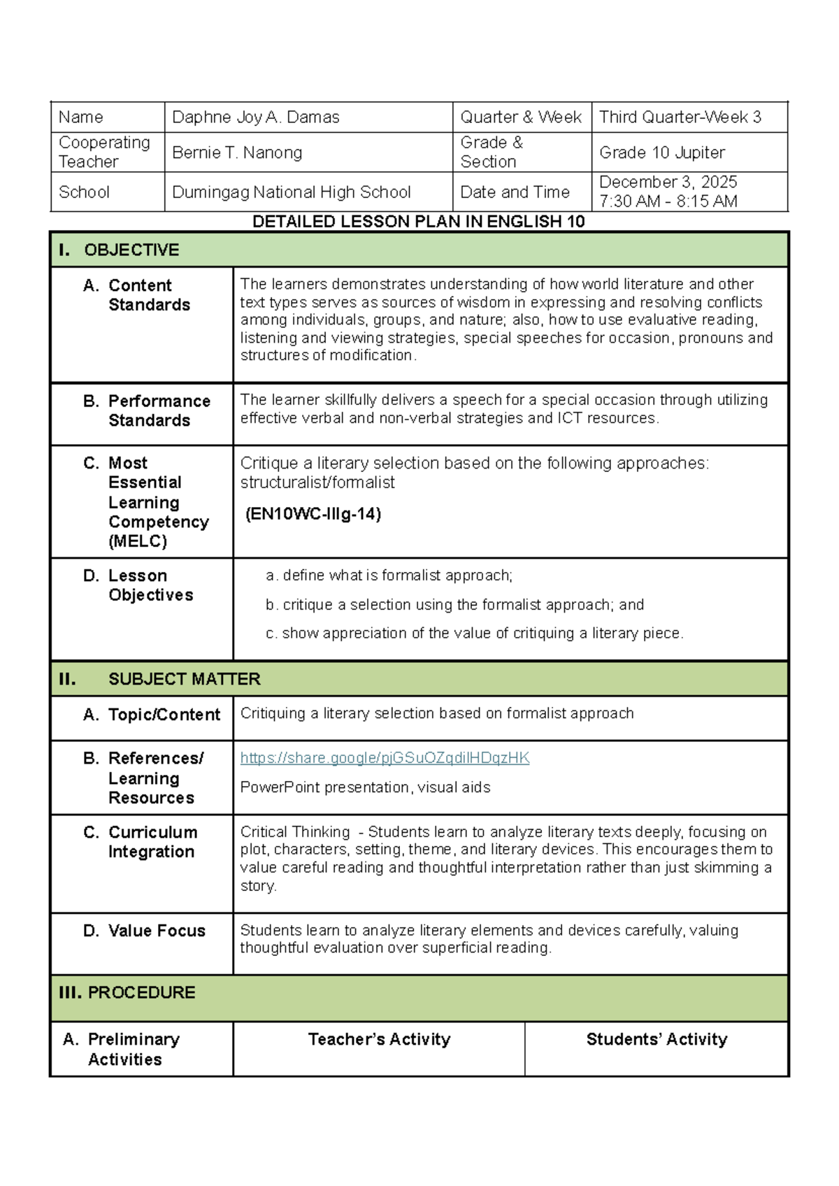 Detailed Lesson Plan in English 10: Critiquing Literary Selections ...