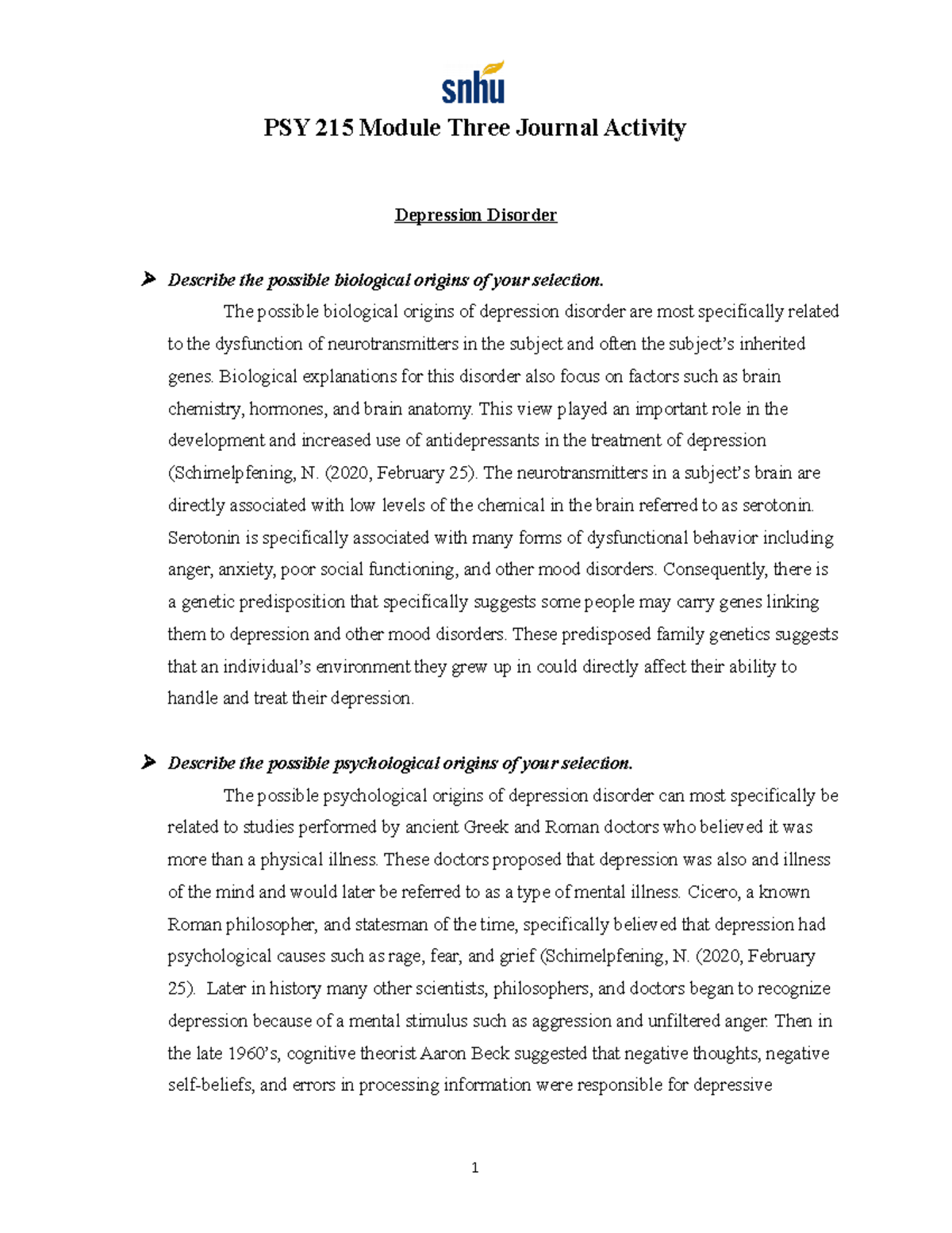 PSY 215 Module Three Journal Activity: Understanding Depression Origins ...