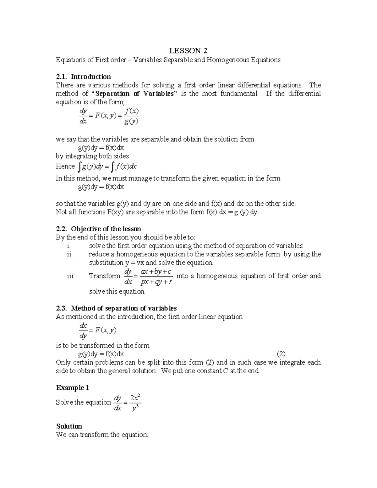 SMA 208 Lesson 2: First Order Differential Equations - Separable ...