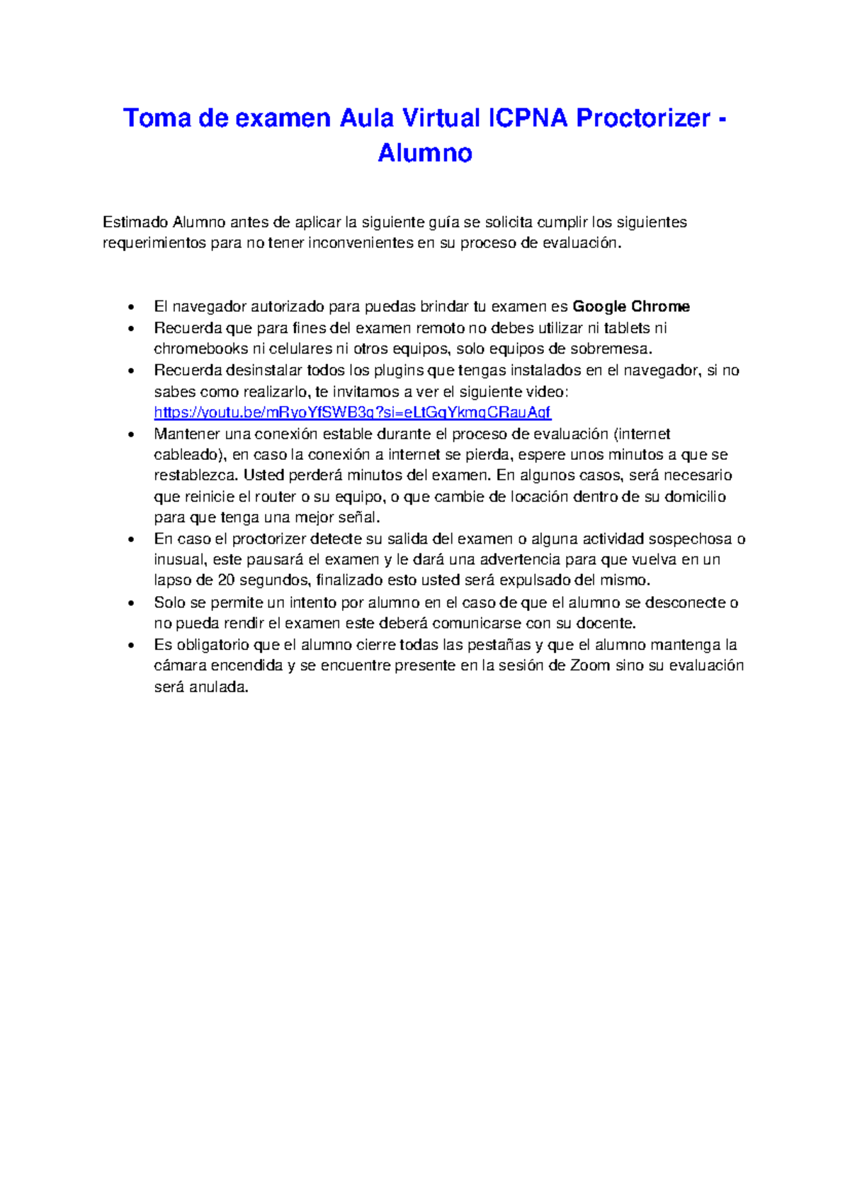 Guía para Examen Proctorizer - Alumno Aula Virtual ICPNA - Studocu