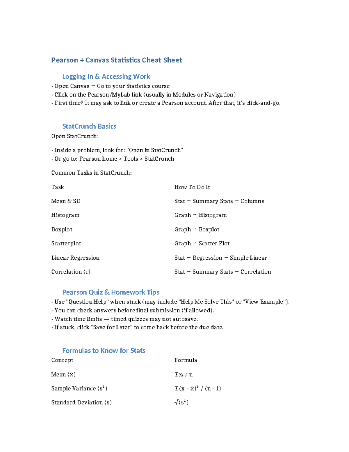Pearson Canvas Statistics Cheat Sheet: Accessing StatCrunch & Tips ...