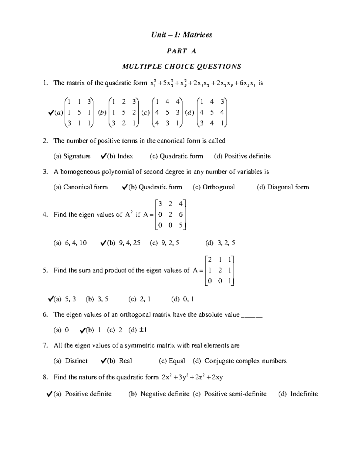 Multiple Choice Questions - Unit – I: Matrices PART A MULTIPLE CHOICE ...
