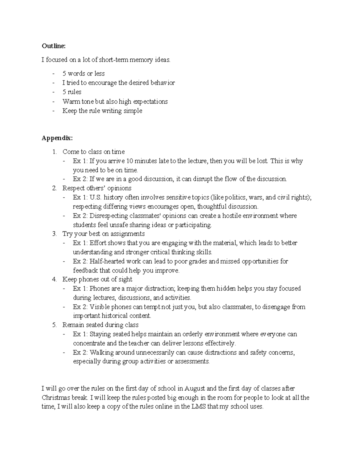 Outline: Classroom Behavior Expectations and Guidelines for Success ...