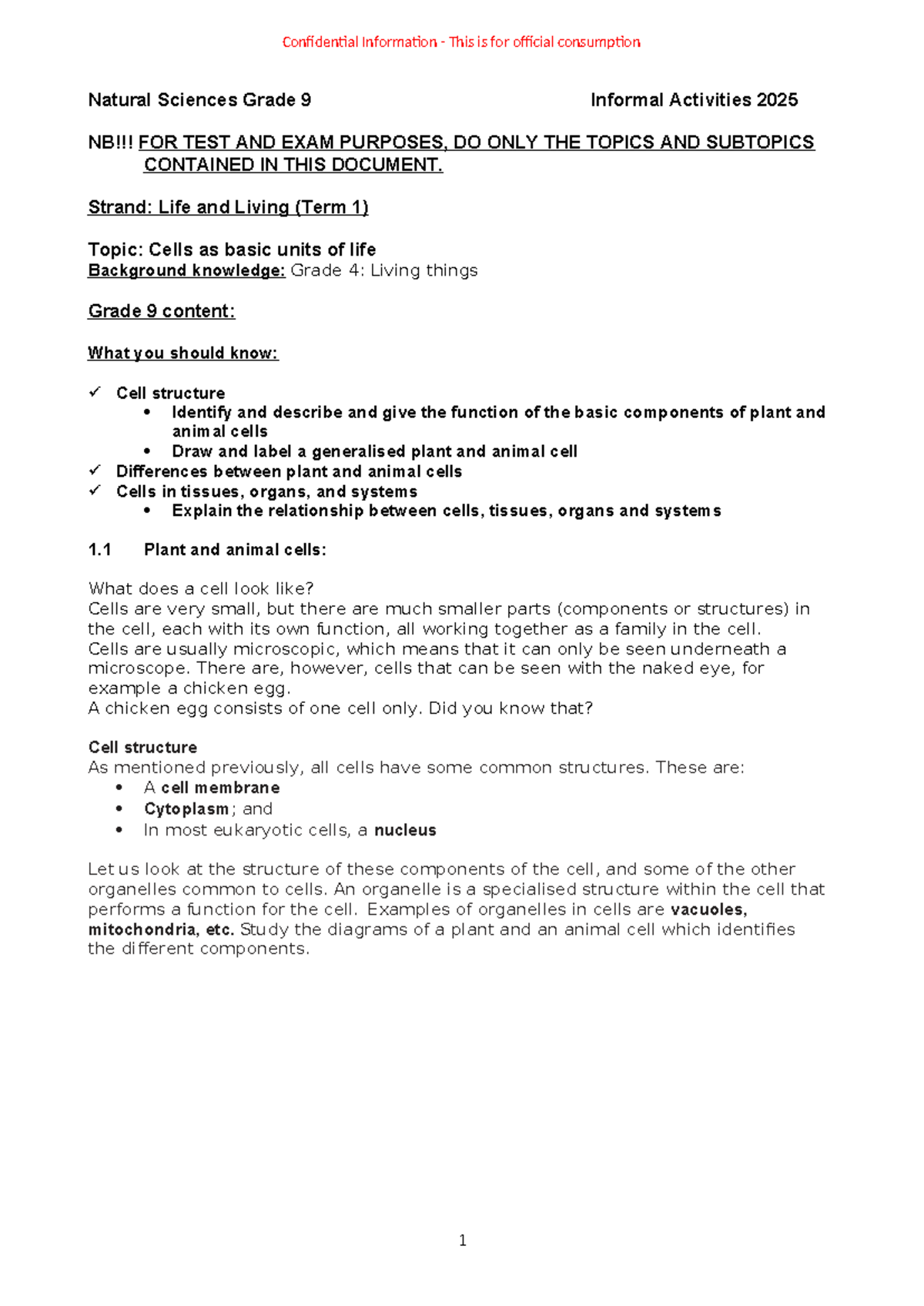 Grade 9 Natural Sciences Term 1: Cells and Biological Systems 2025 ...