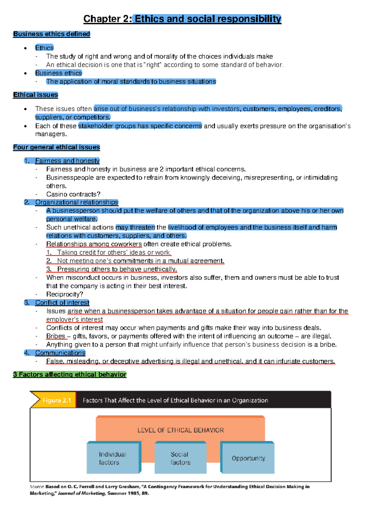 Business Management Chapter 2: Ethics & Social Responsibility Summary ...