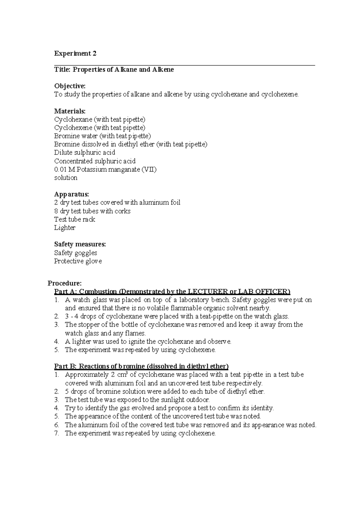 Experiment 2: Properties of Alkanes and Alkenes in Organic Chemistry ...