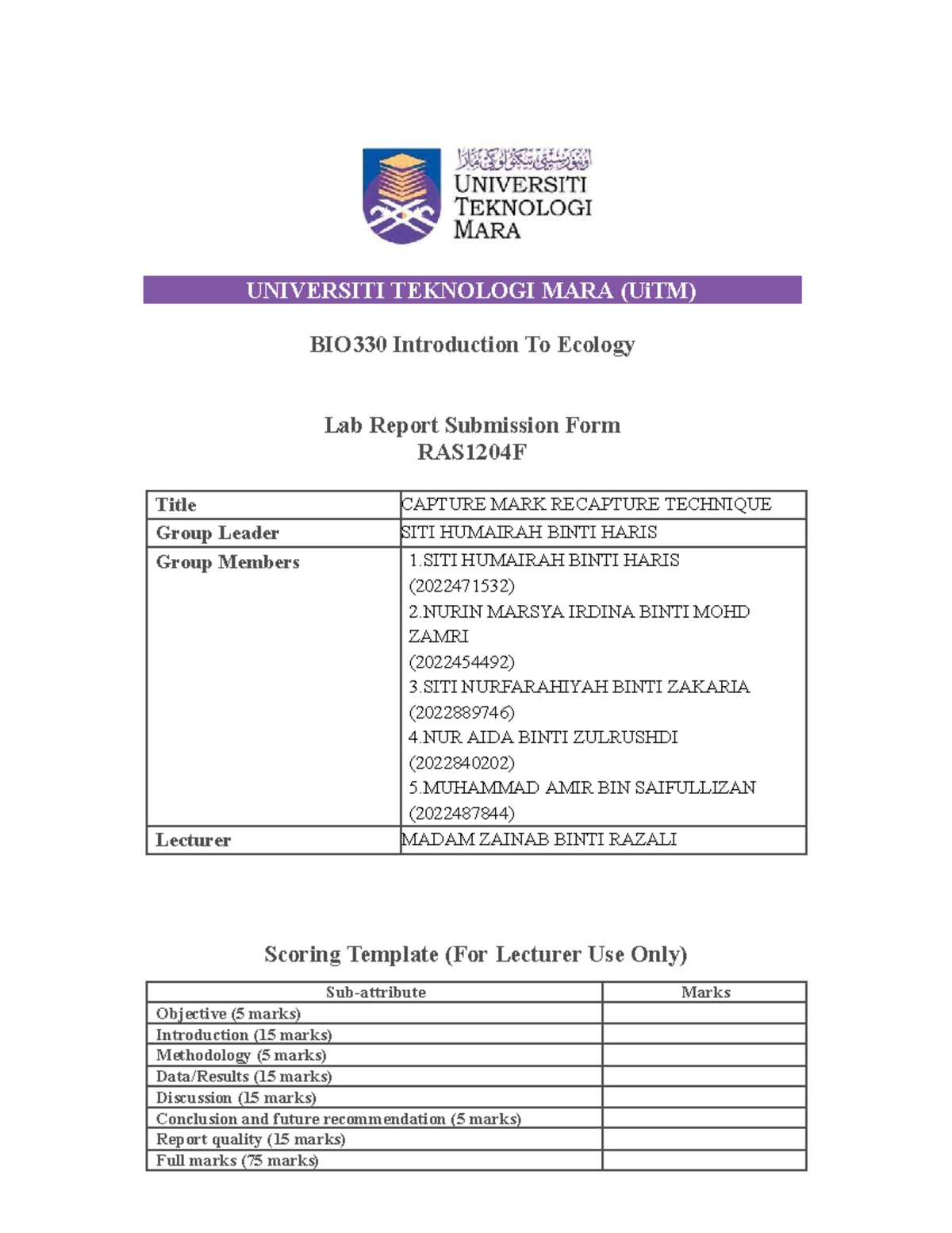 Bio330 - Lab Report on Capture-Mark-Recapture Technique Analysis - Studocu
