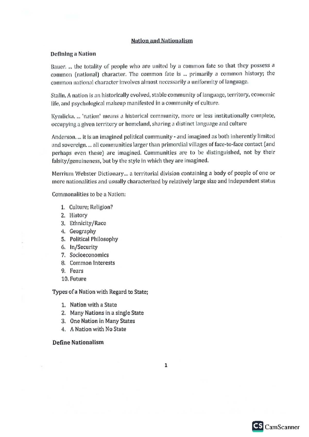Nation and Nationalism: Defining Key Concepts in CS 1 - Studocu