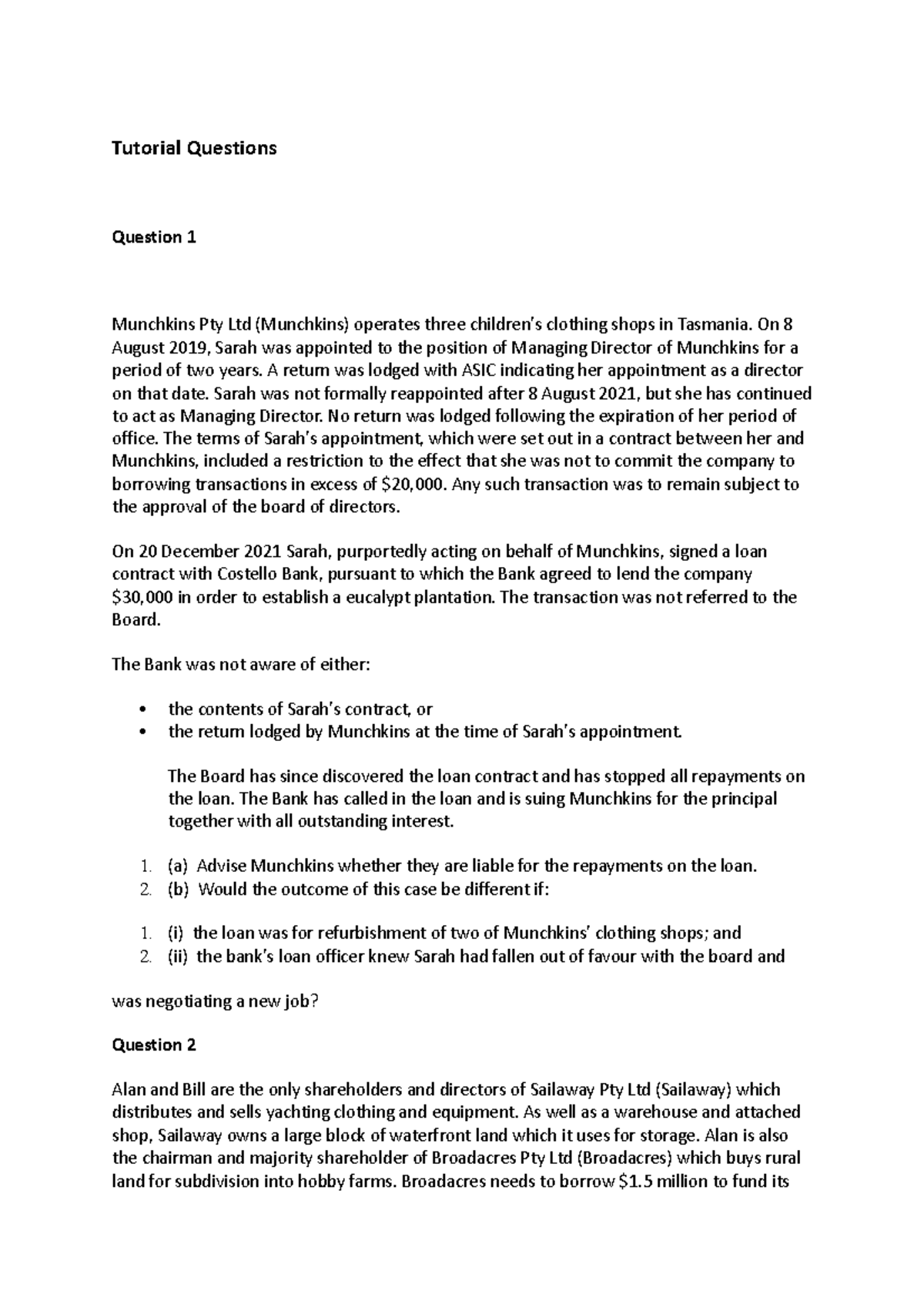 Tutorial Questions - Legal Principles in Company Liability (TUTE) - Studocu