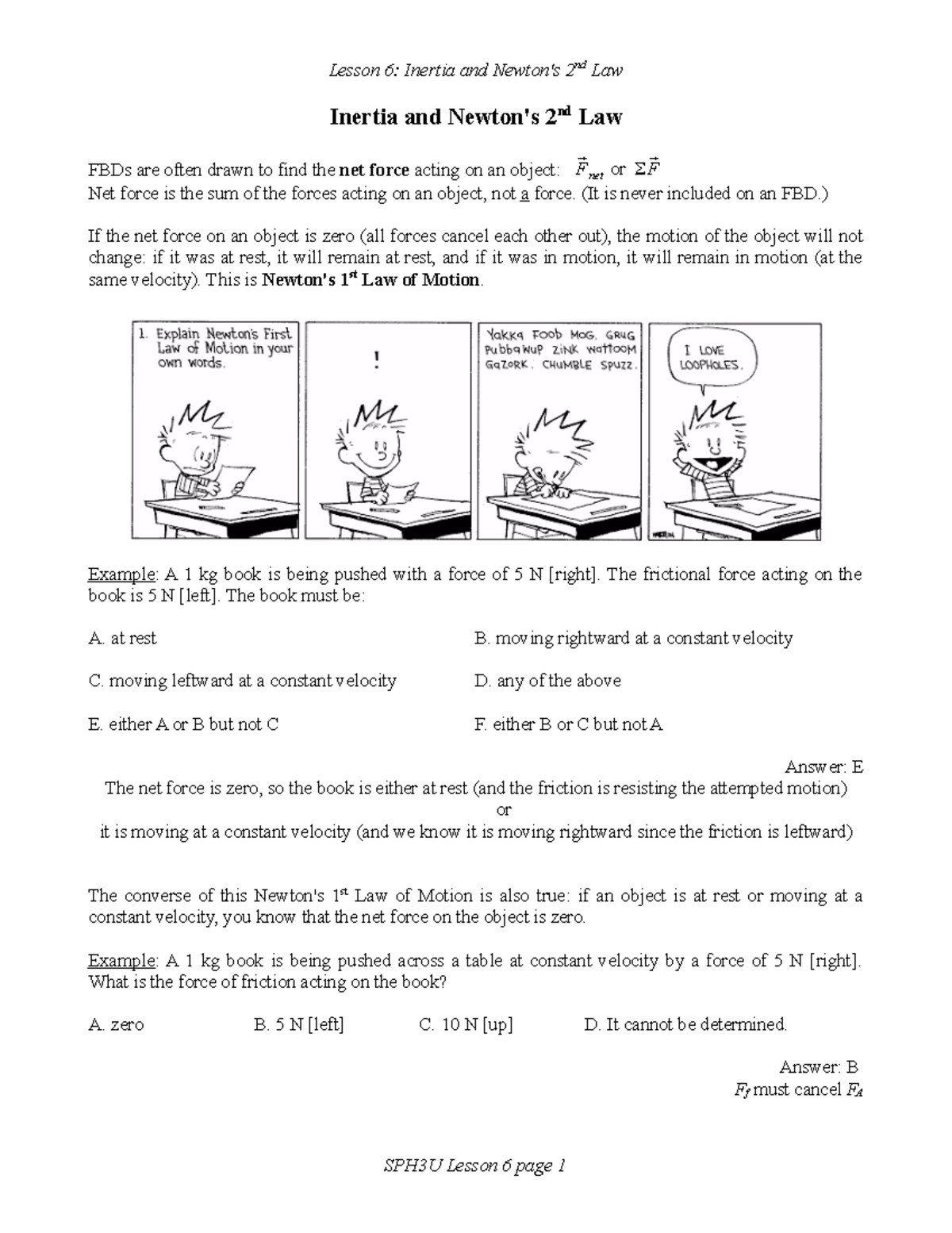 SPH3U Lesson on Inertia and Newton's 2nd Law Concepts - Studocu