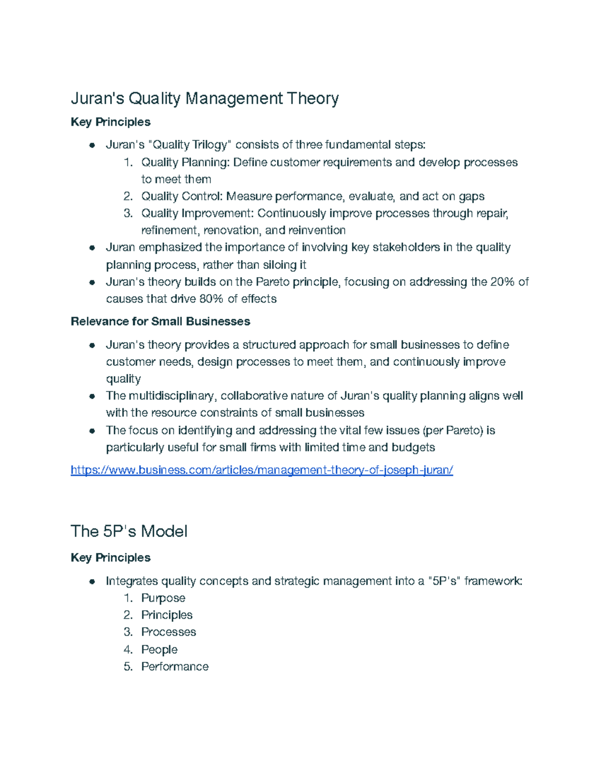 Juran's Quality Management Theory - Notes (MGMT101) - Studocu