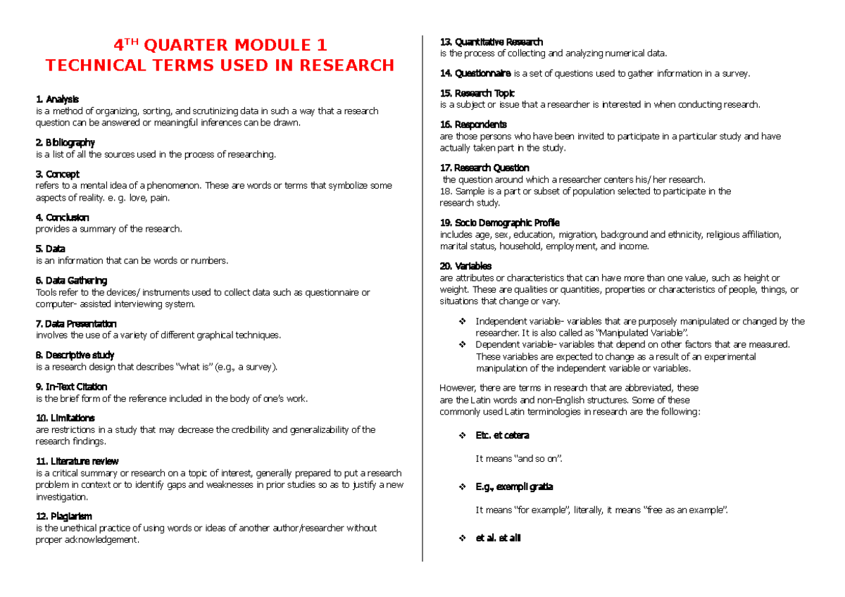 4TH Quarter Module 1 - handouts - 4 TH QUARTER MODULE 1 TECHNICAL TERMS ...