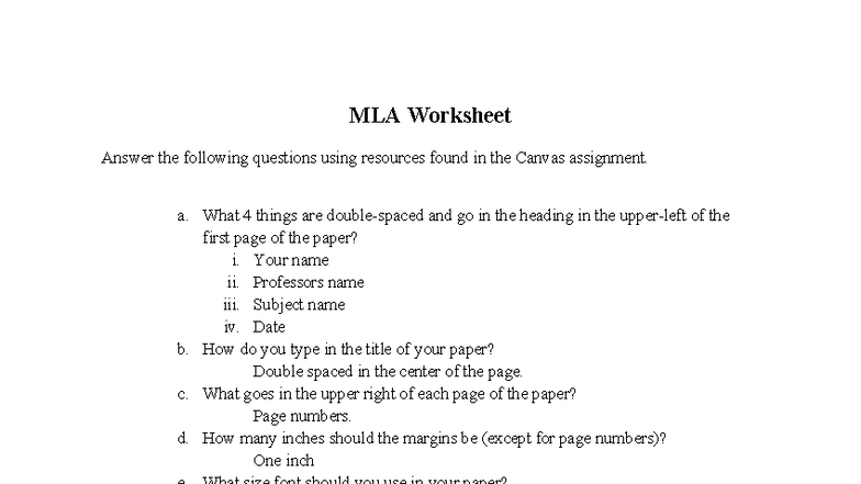 MLA Format Worksheet: Key Guidelines and Requirements - Studocu