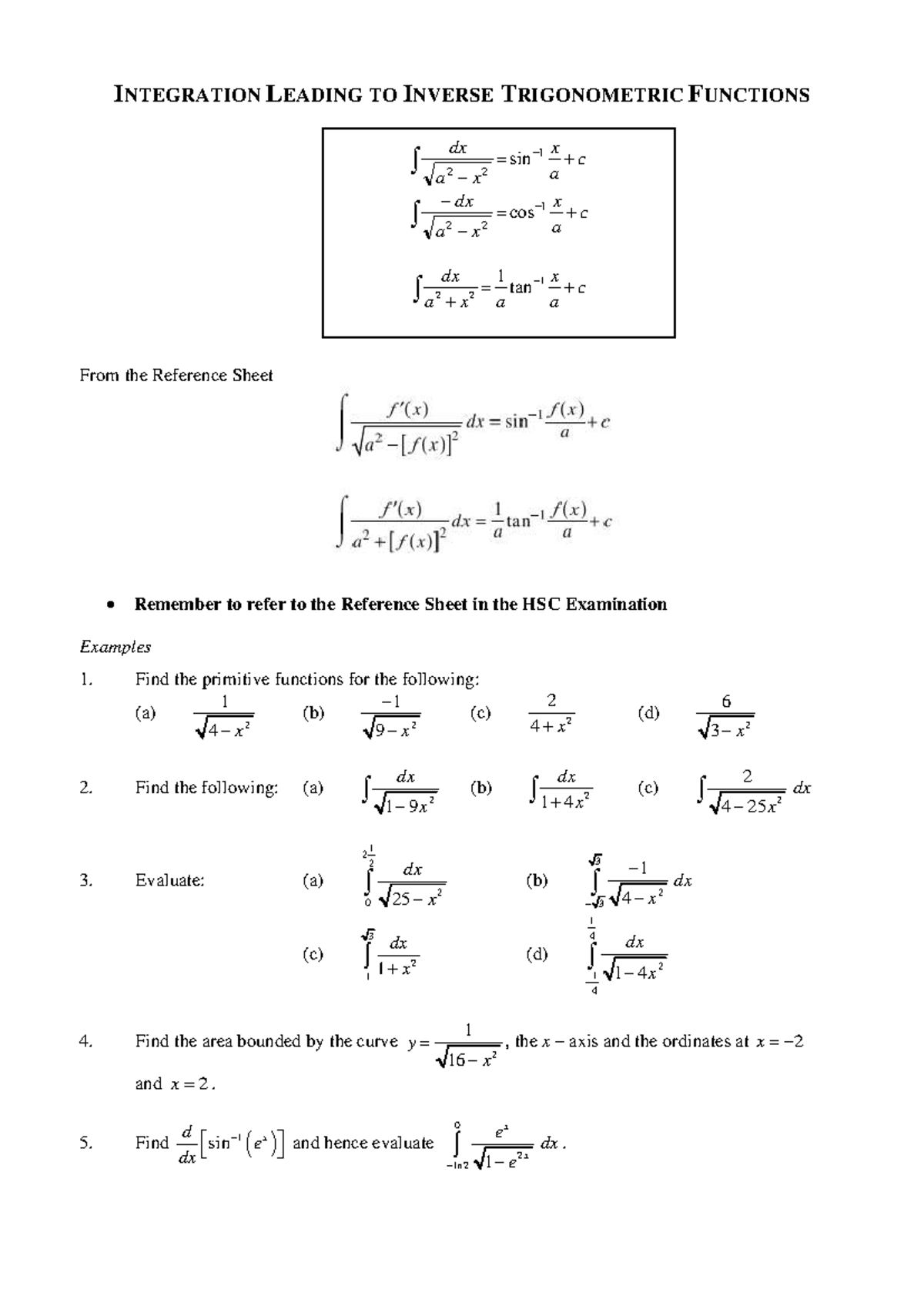 3a. Integration Leading to Inverse Trigonometric Functions Notes - Studocu
