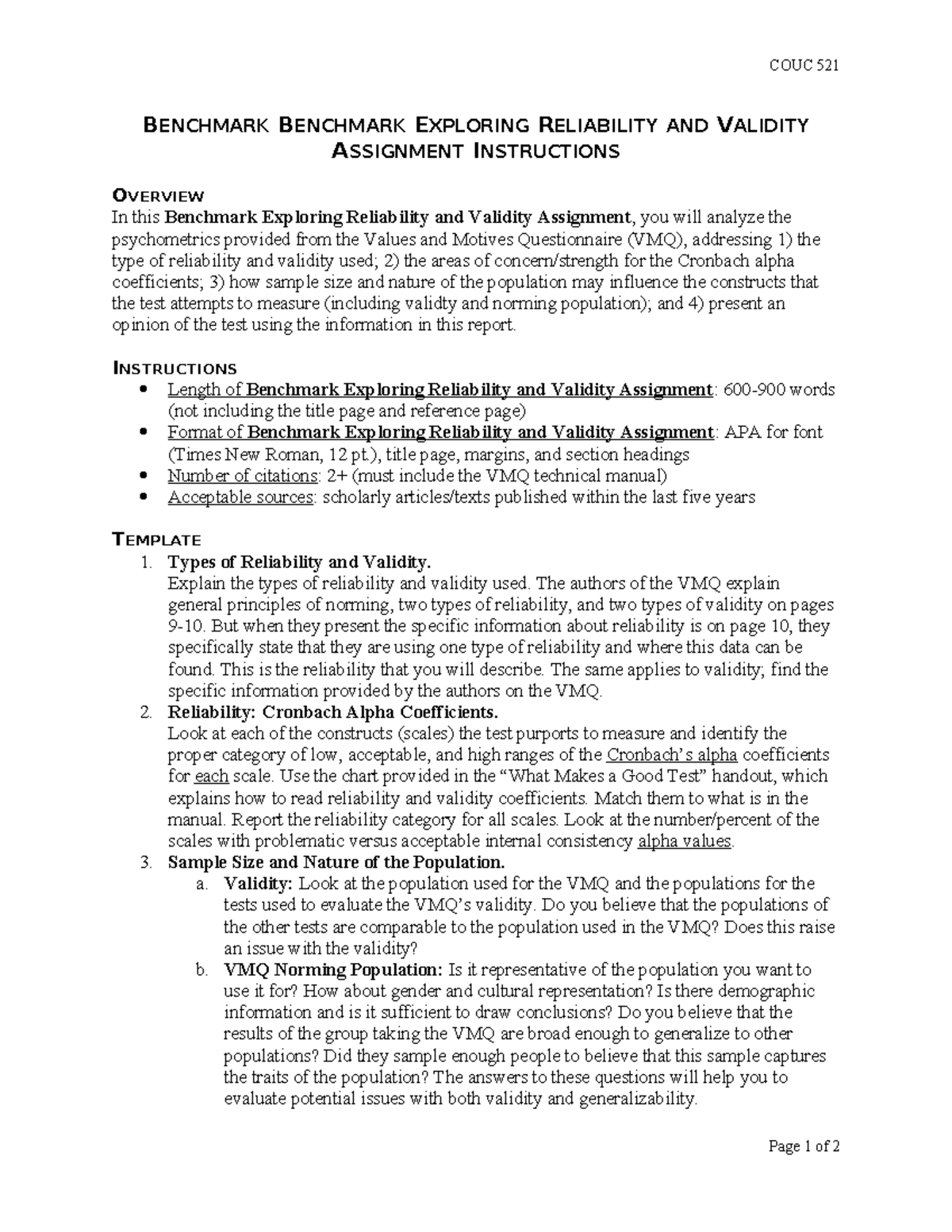 Benchmark Assignment: Analyzing Reliability & Validity in COUC 521 - Studocu