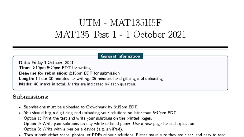UTM MAT135H5F Test 1 Guidelines & Questions - October 1, 2021 - Studocu