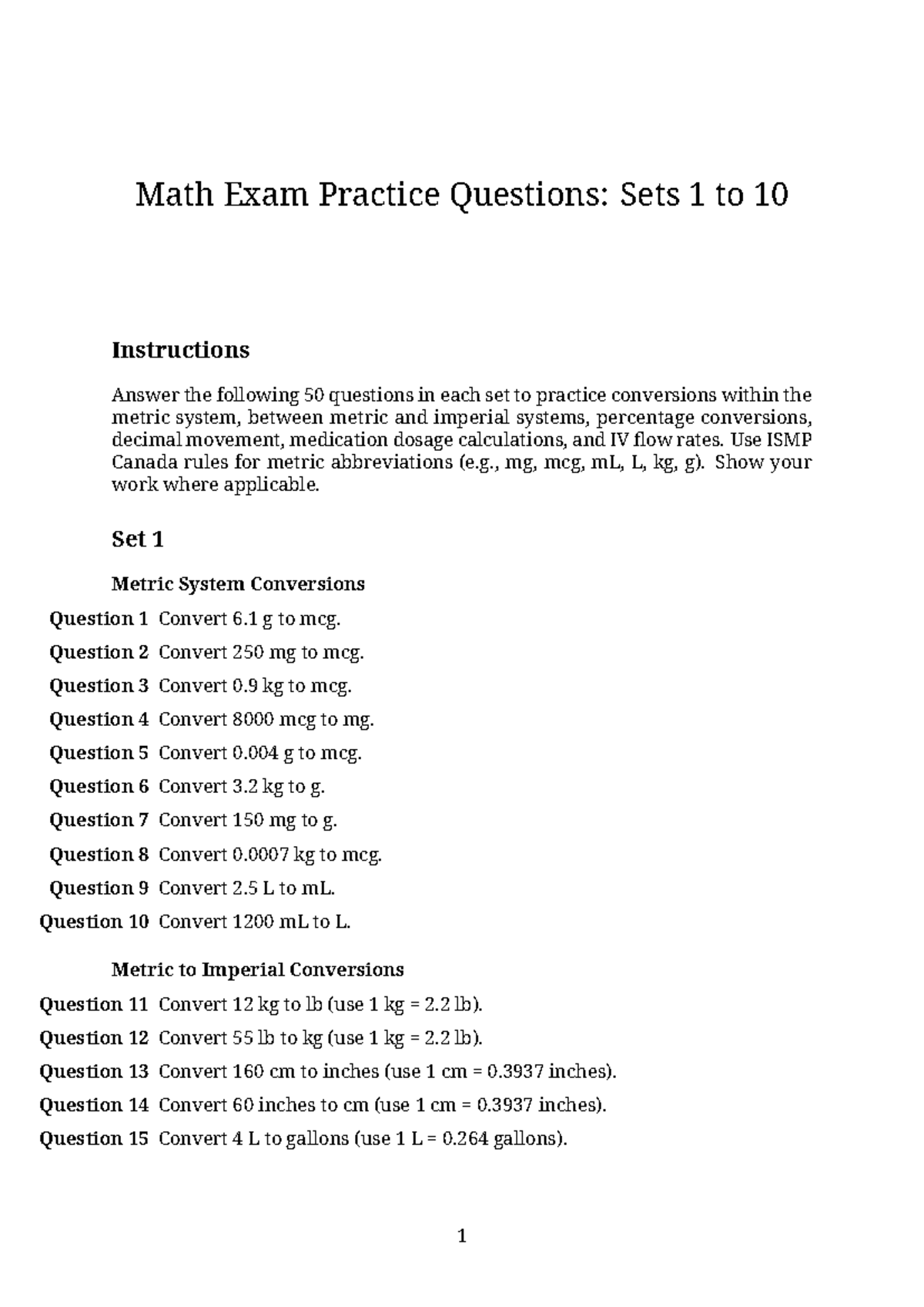 Math Exam Practice Questions: Sets 1-10 for Final Exam - Studocu
