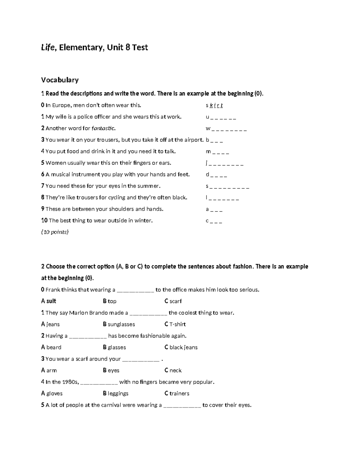 Life 2e Elementary Unit 8 Test Vocabulary & Grammar Review - Studocu