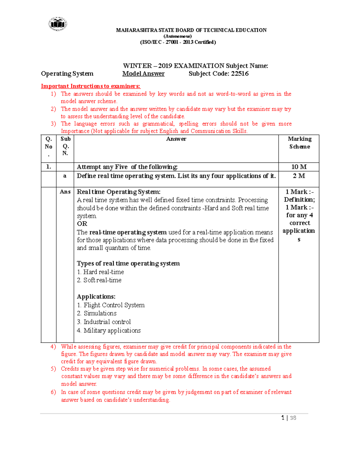 Operating Systems Model Answers - Winter 2019 (Subject Code: 22516 ...