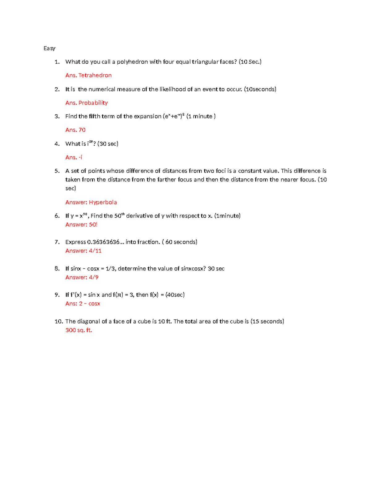 Math Questionnaire: Essential Questions and Answers for Review - Studocu