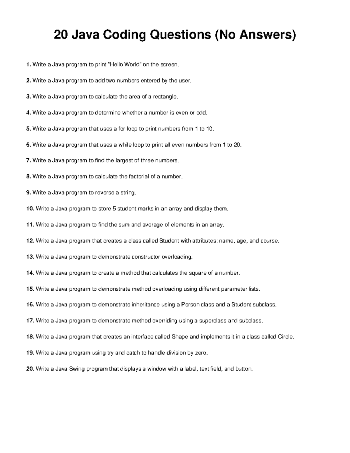20 Java Coding Questions (No Answers) for Practice - Studocu