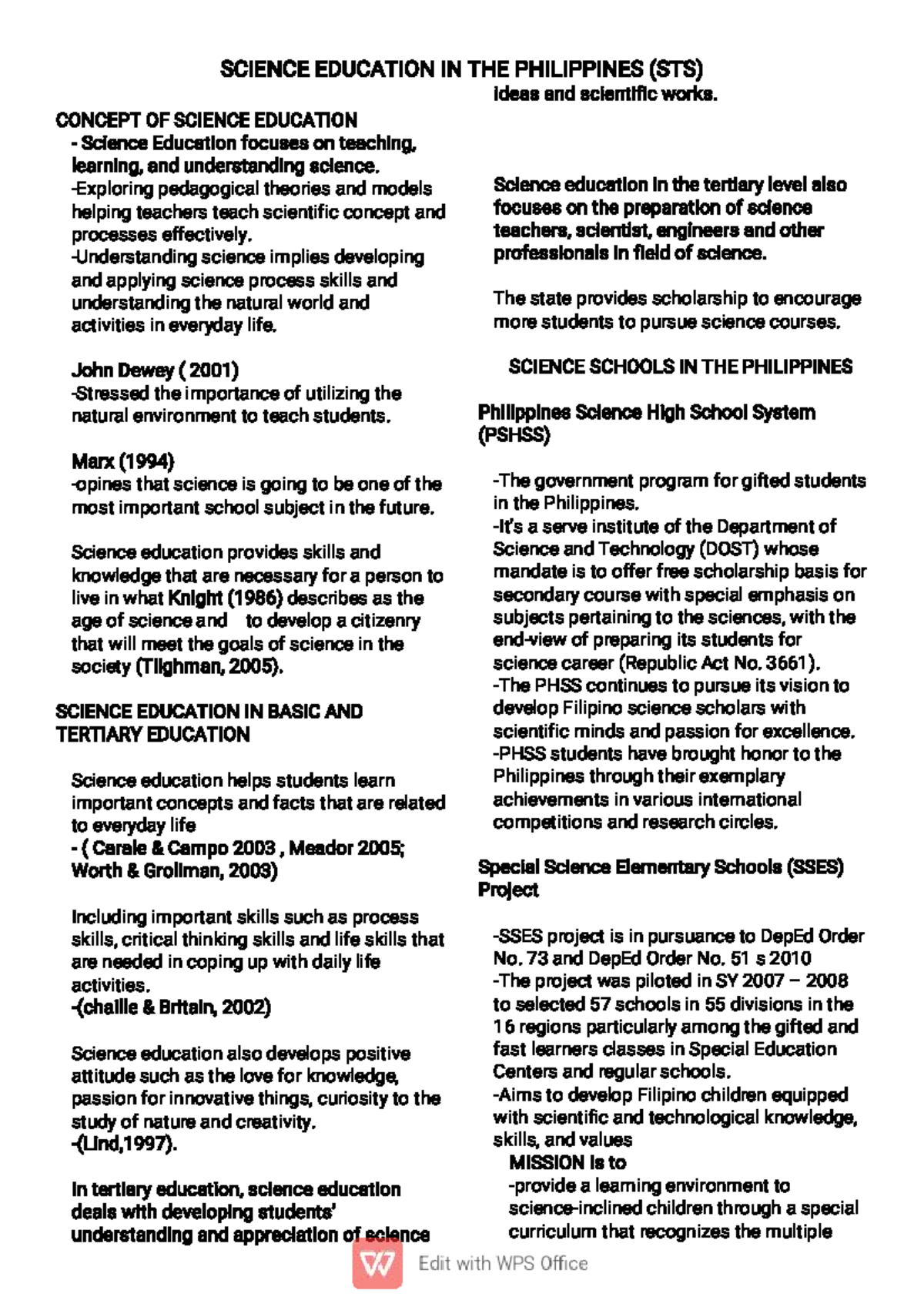 SCIENCE EDUCATION IN THE PHILIPPINES (STS): Concepts and Developments ...