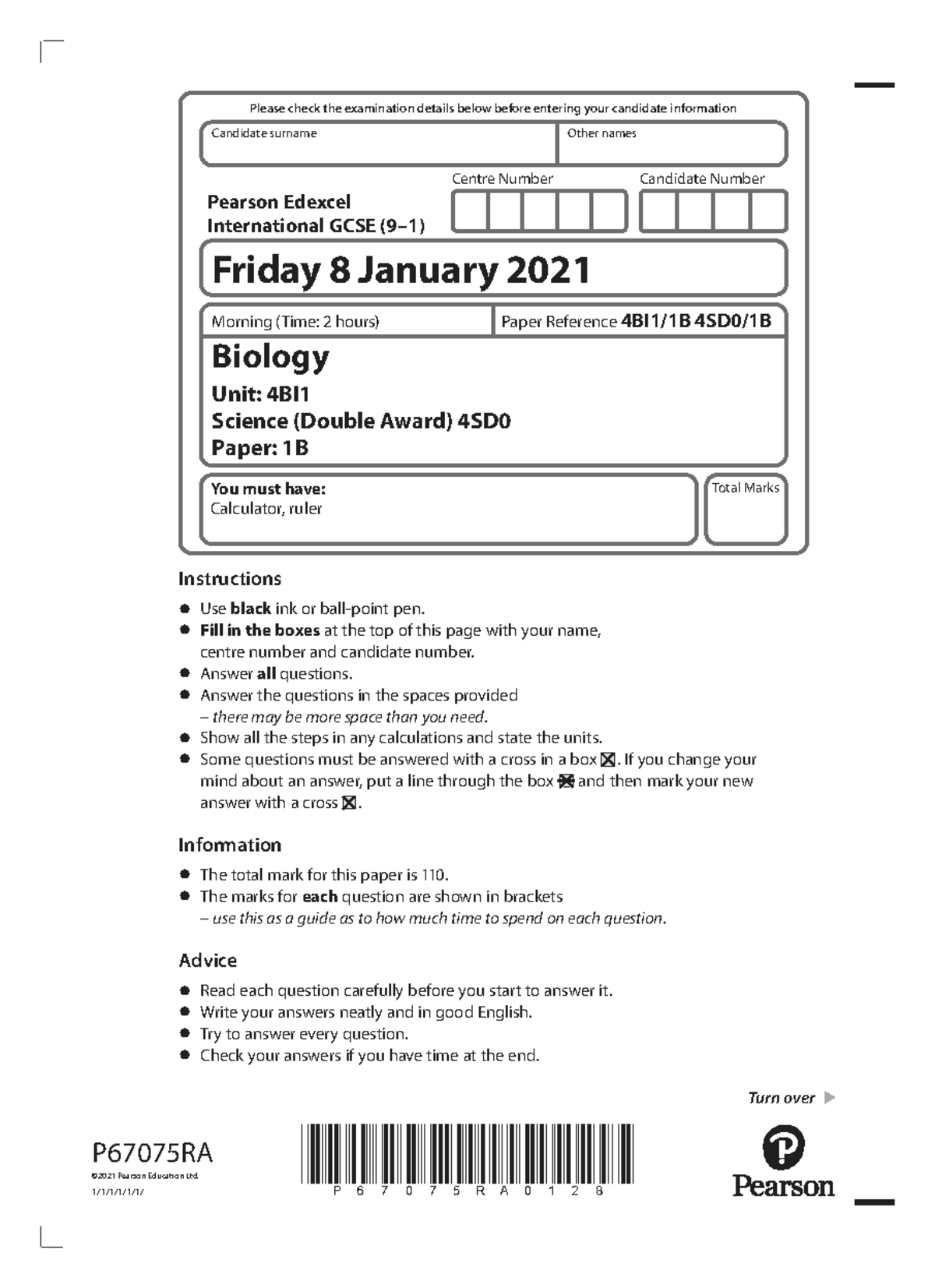 1064BI1 Biology Unit 4BI1 Exam Paper 1B - January 2021 - Studocu