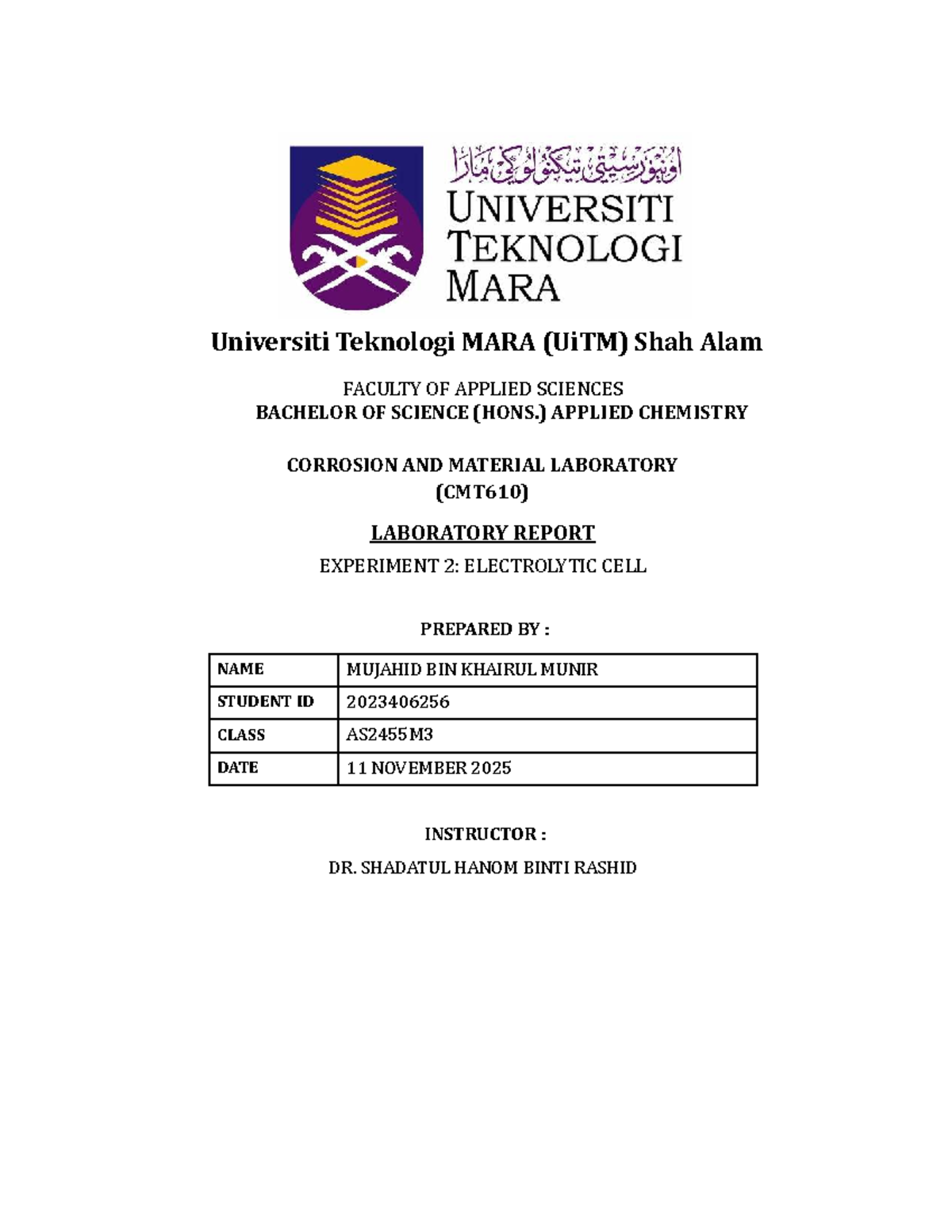 CMT610 Laboratory Report: Experiment 2 - Electrolytic Cell Analysis ...