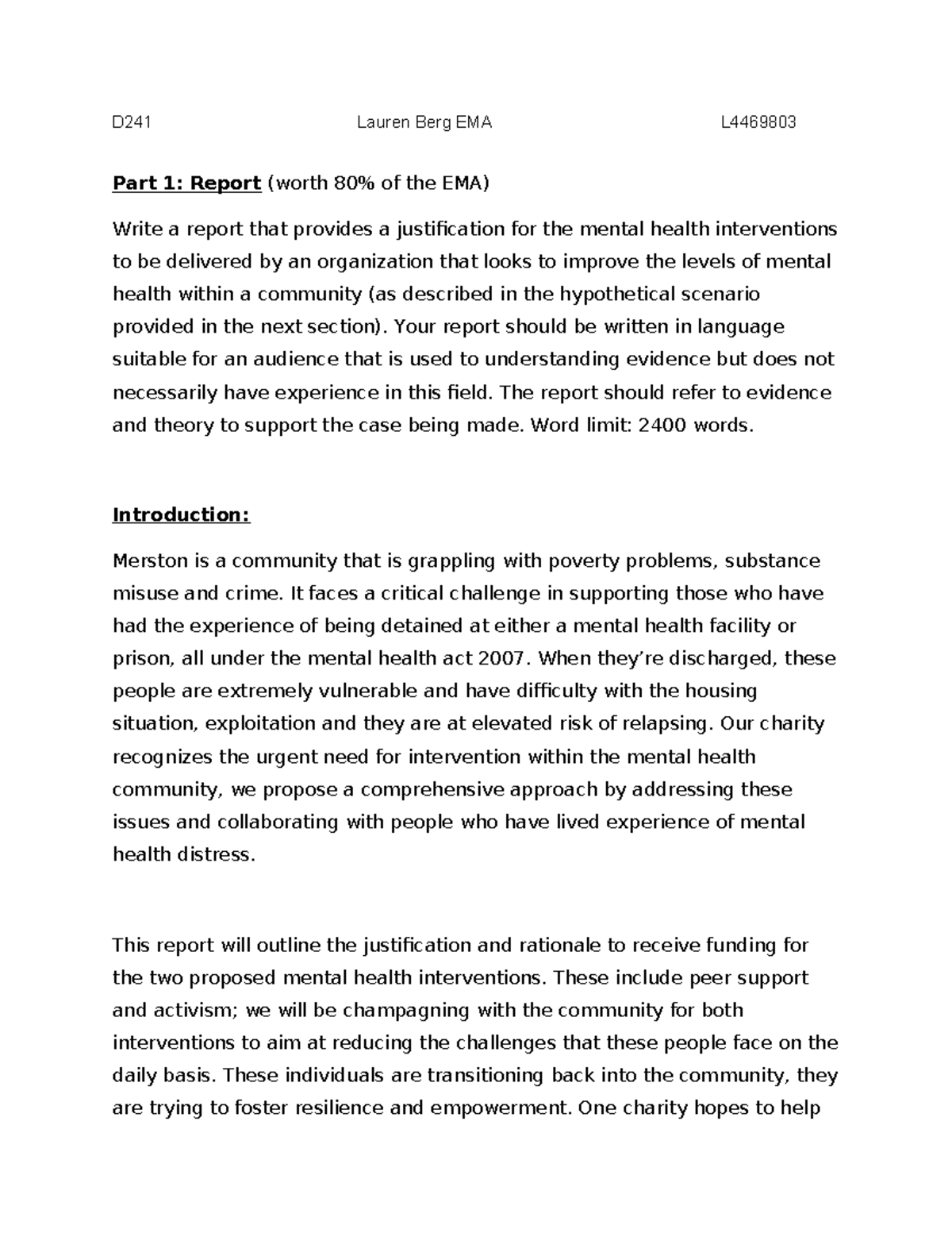 D241 EMA Report: Justifying Mental Health Interventions for Merston ...