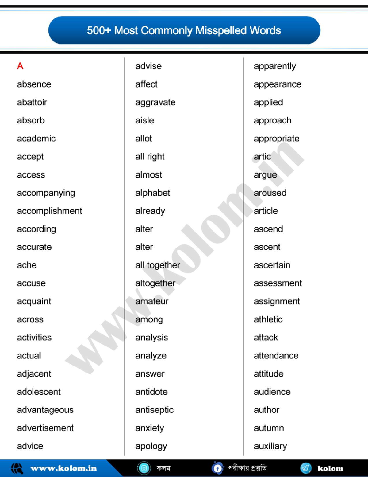 500+ Commonly Misspelled Words List for Study - Studocu