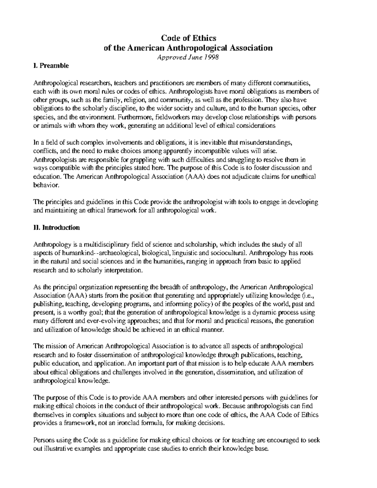 AAA Code of Ethics for Anthropological Research and Practice (1998 ...