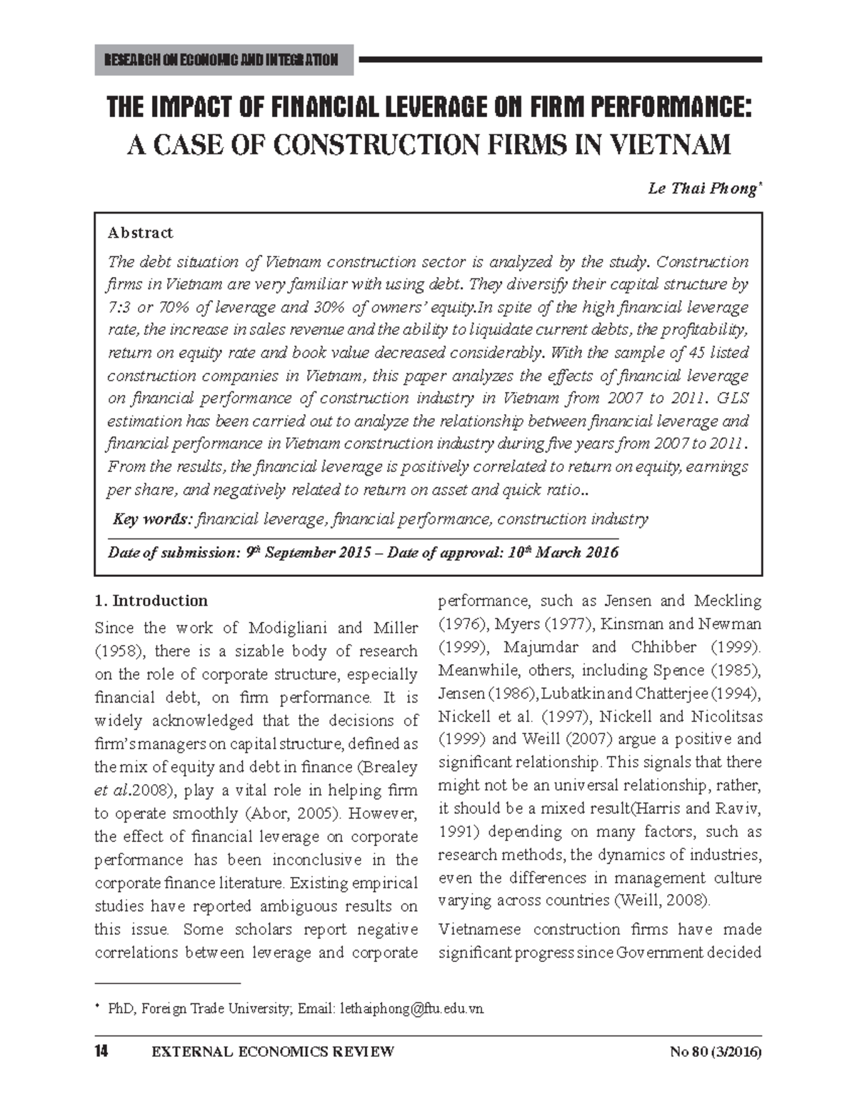 Financial Leverage and Performance in Vietnam's Construction Sector ...