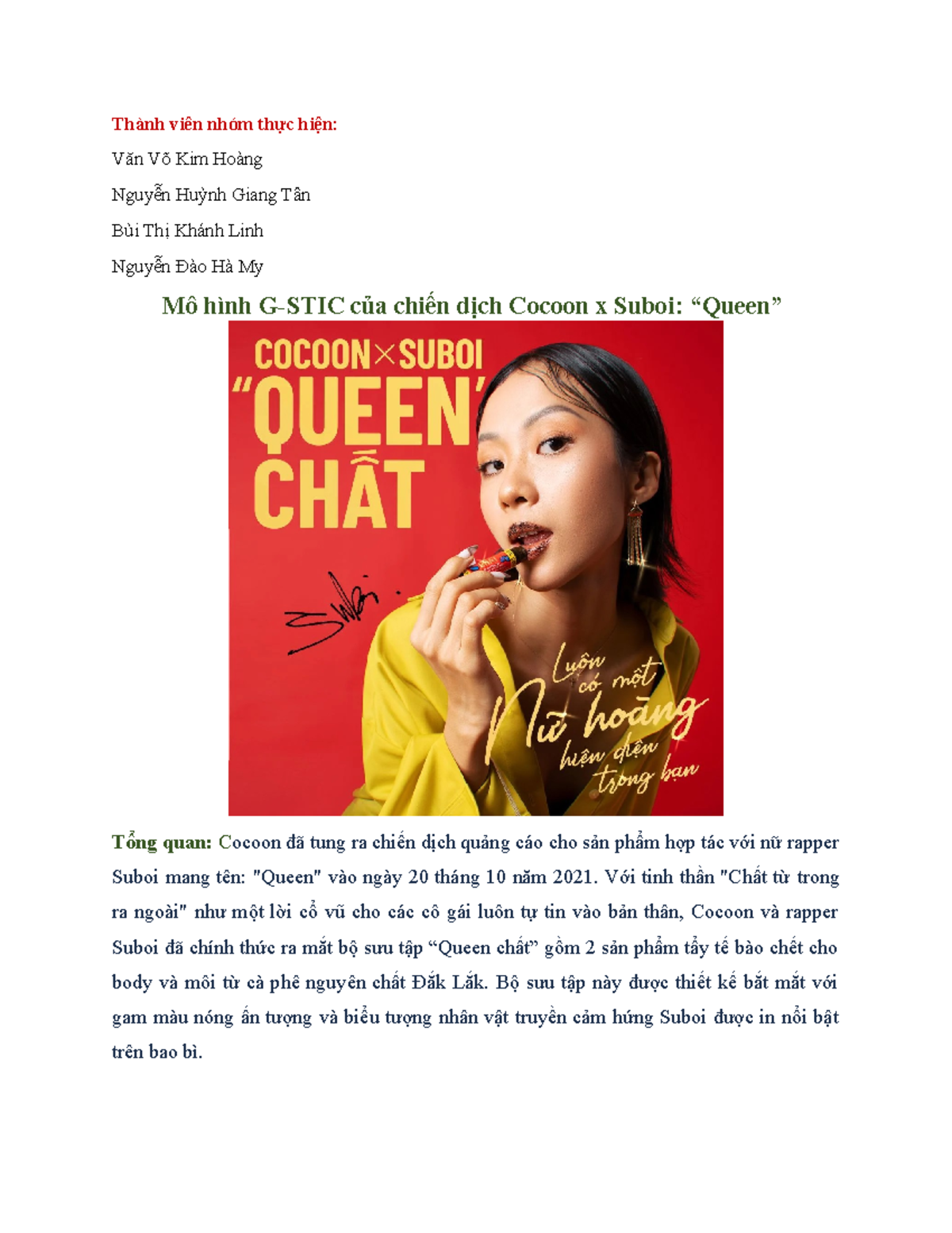 Chiến dịch Cocoon x Suboi: Mô hình G-STIC cho "Queen" - Studocu