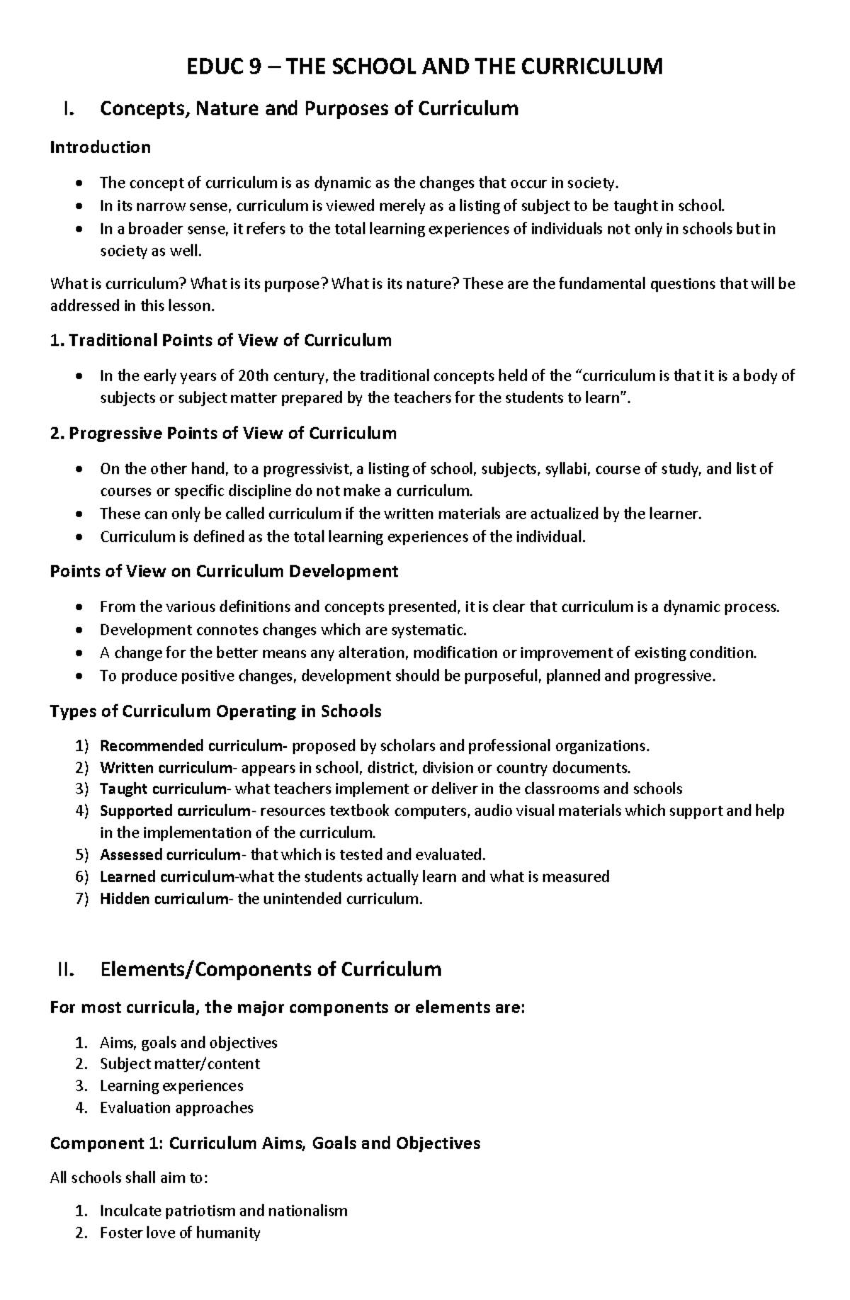 EDUC 9 - Notes on Curriculum Concepts and Development - Studocu