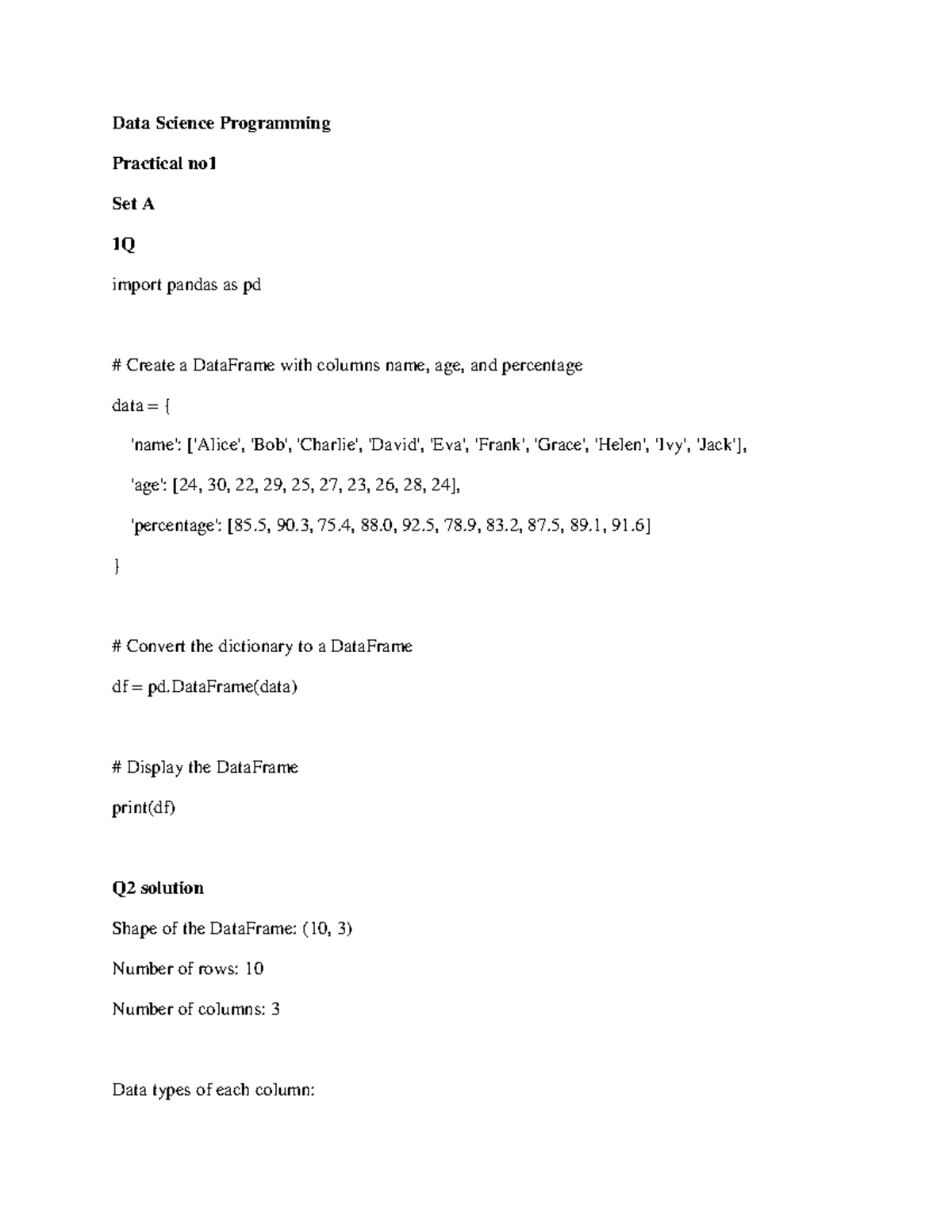 Data Science Practicals: Programming Tasks and Solutions - Studocu