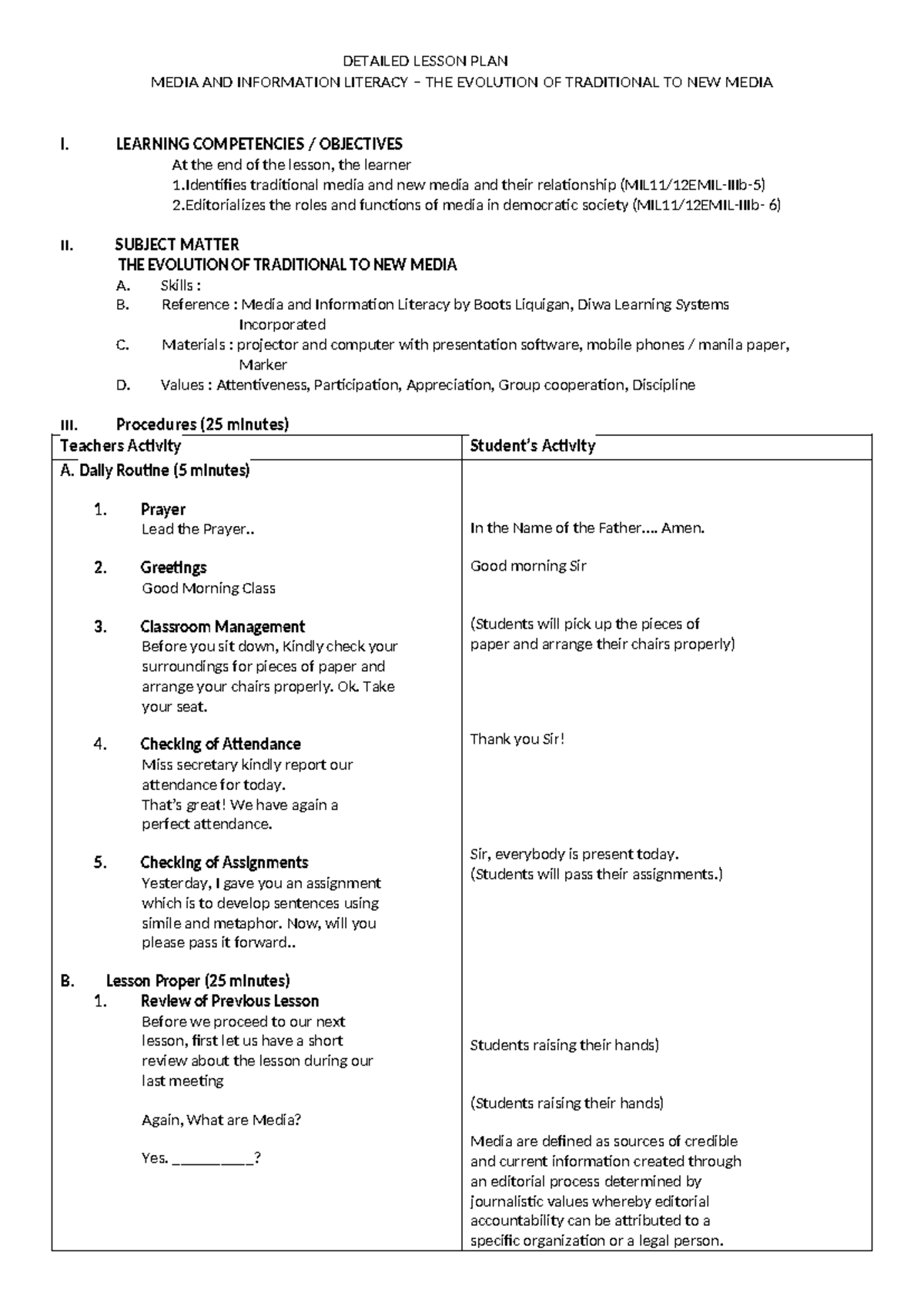 Detailed Lesson Plan: Media & Information Literacy (MIL) Evolution of ...