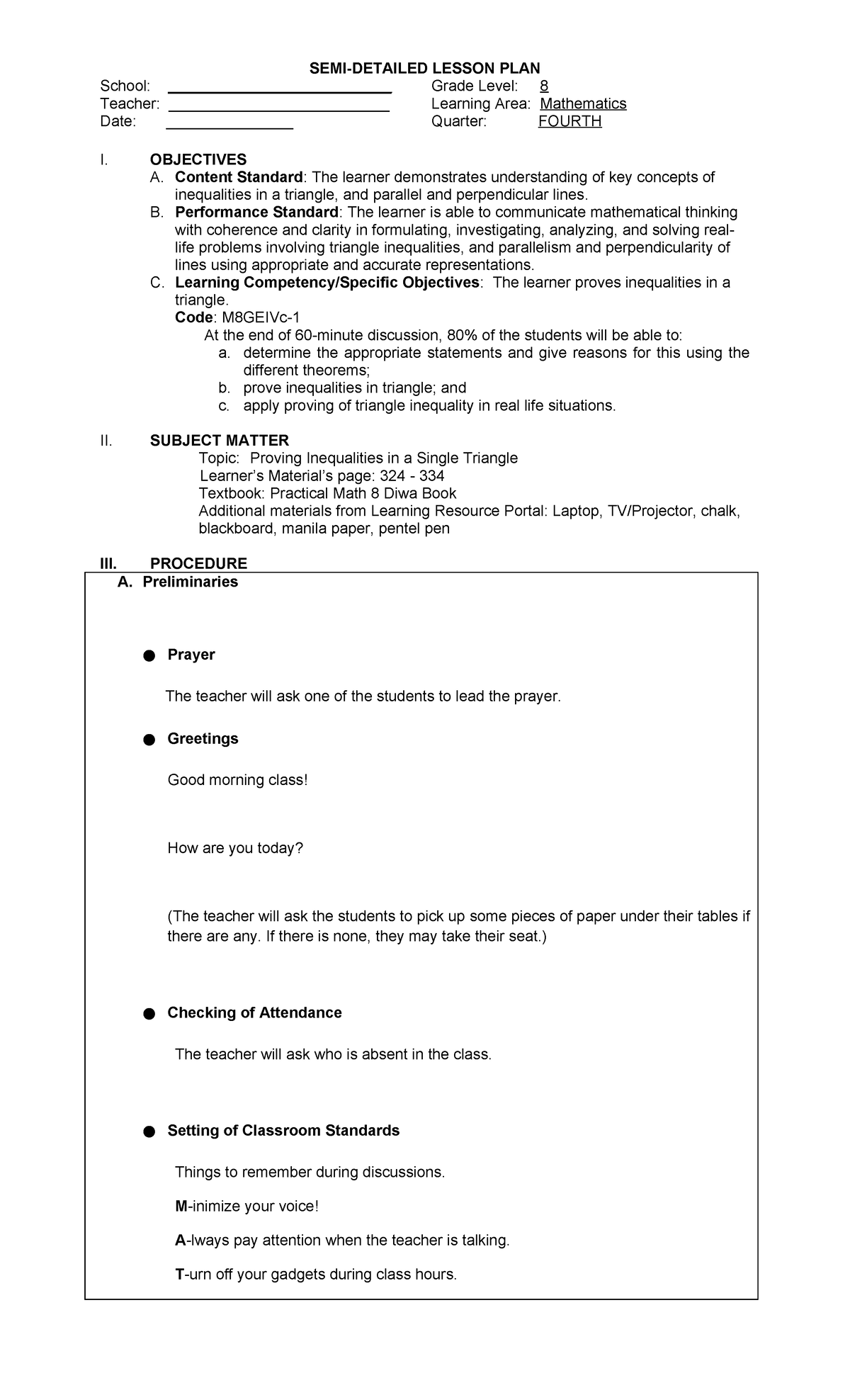 Sample Semi-Detailed LP - SEMI-DETAILED LESSON PLAN School