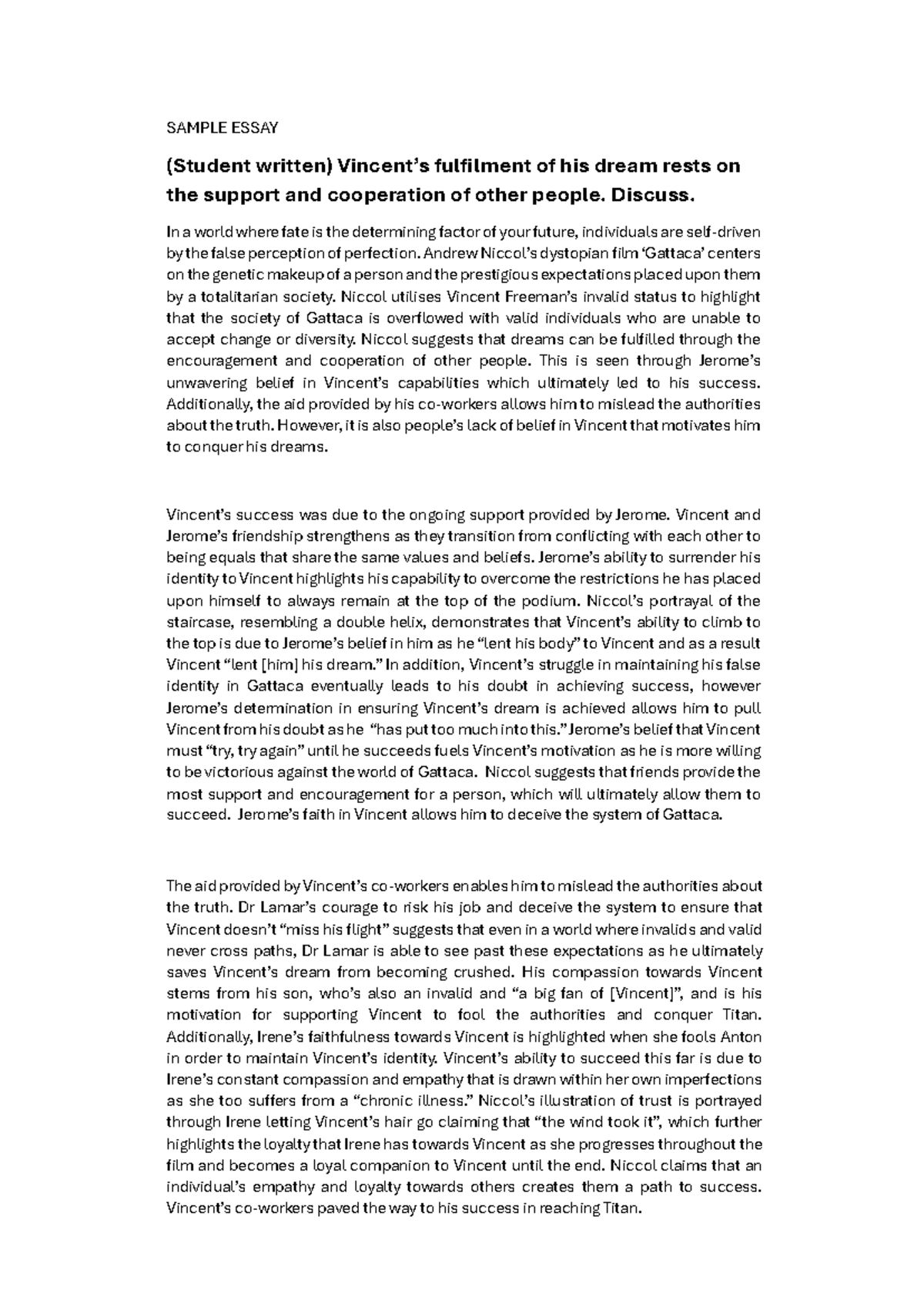 Gattaca Sample Essay: The Role of Support in Achieving Dreams - Studocu