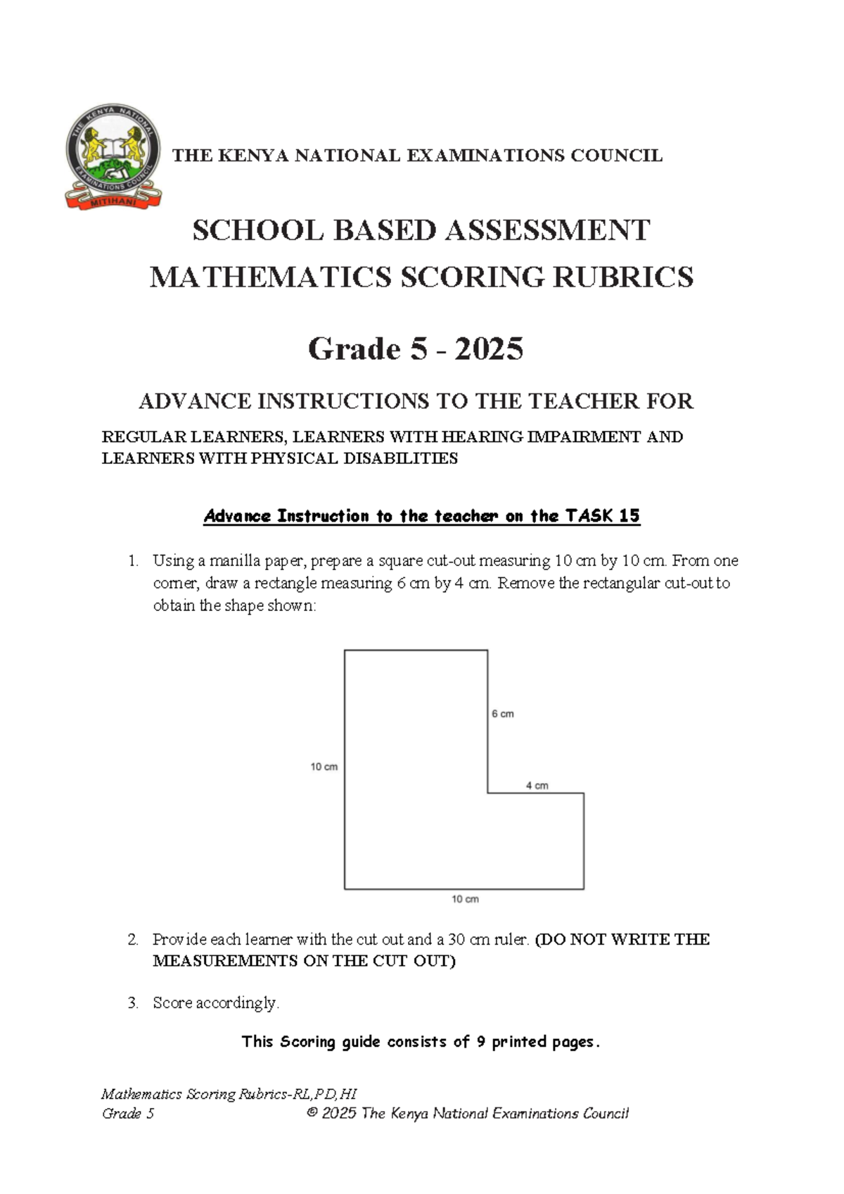 Grade 5 Mathematics Scoring Rubrics 2025: School-Based Assessment - Studocu