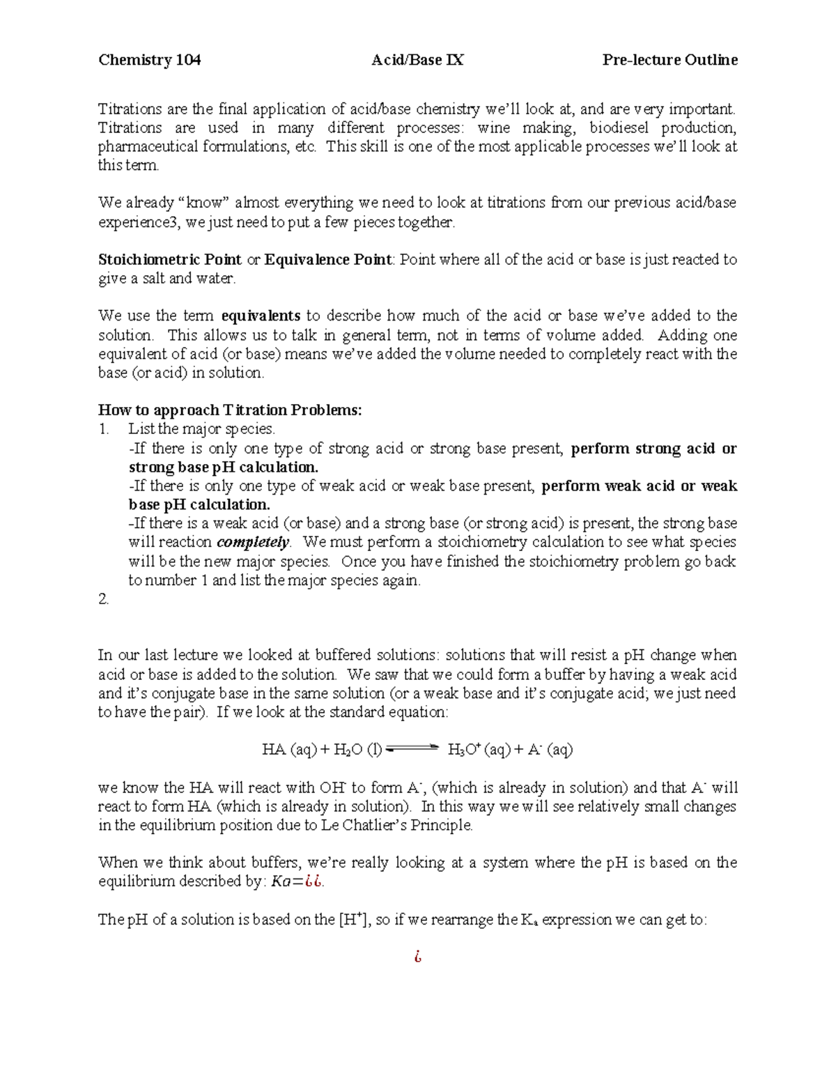 Chemistry 104 IX Pre-Lecture Outline: Understanding Titrations and ...