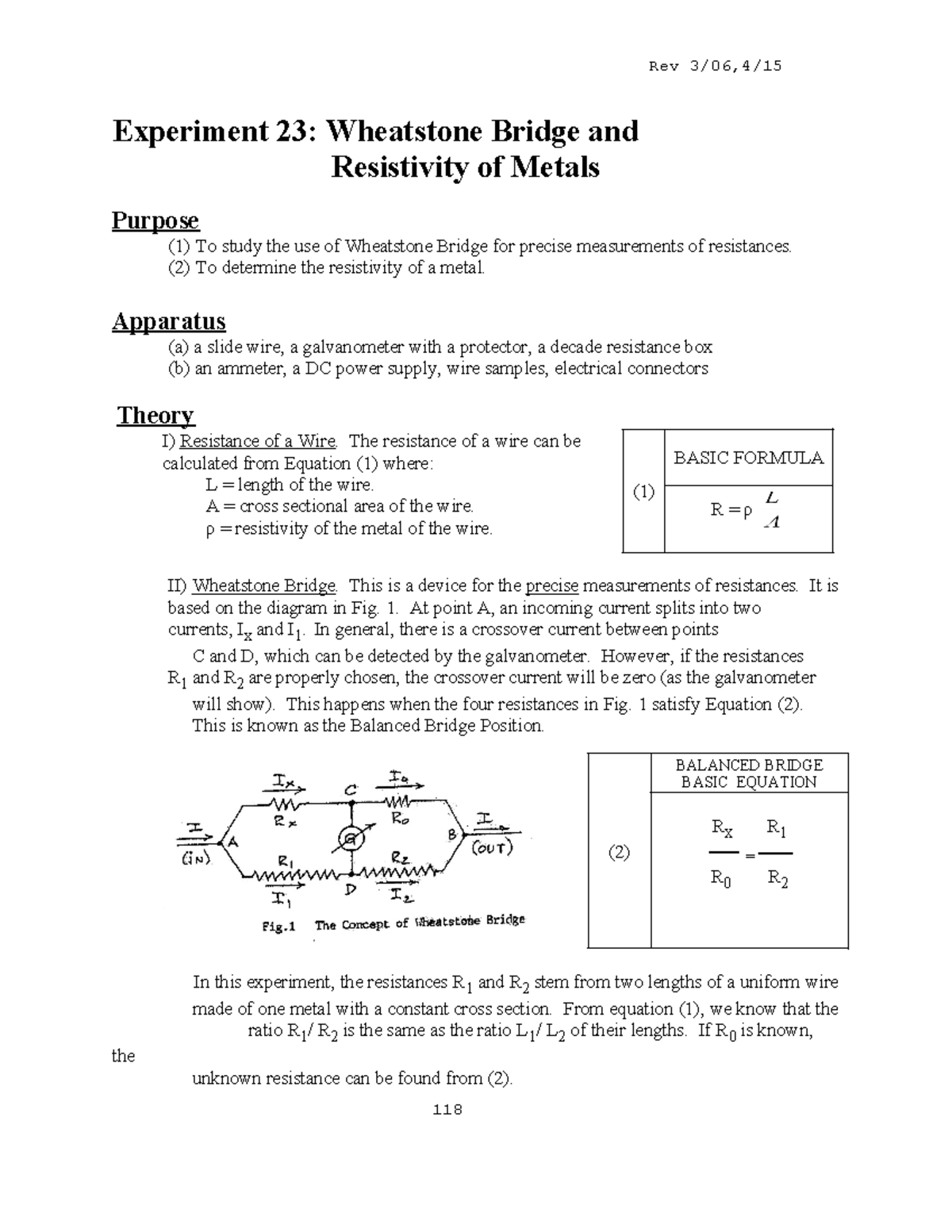 23 Wheatstone Bridge - lab - Rev 3/06,4/ Experiment 23: Wheatstone ...