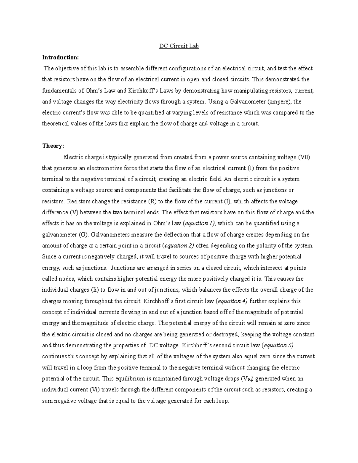 DC Circuit Lab Report - Understanding Ohm's and Kirchhoff's Laws (Ch 7 ...