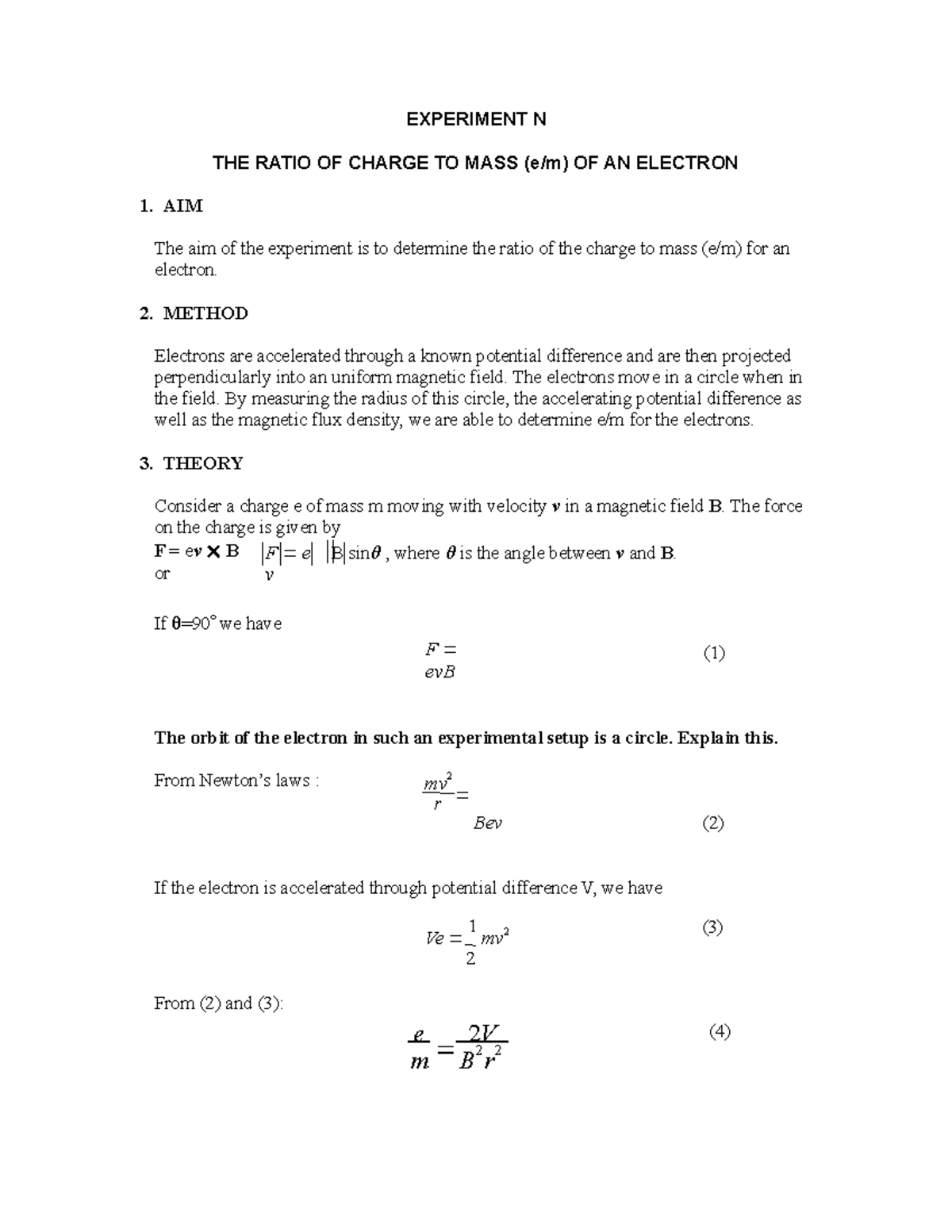 Experiment N: Practical Notes on Charge-to-Mass Ratio of Electron - Studocu