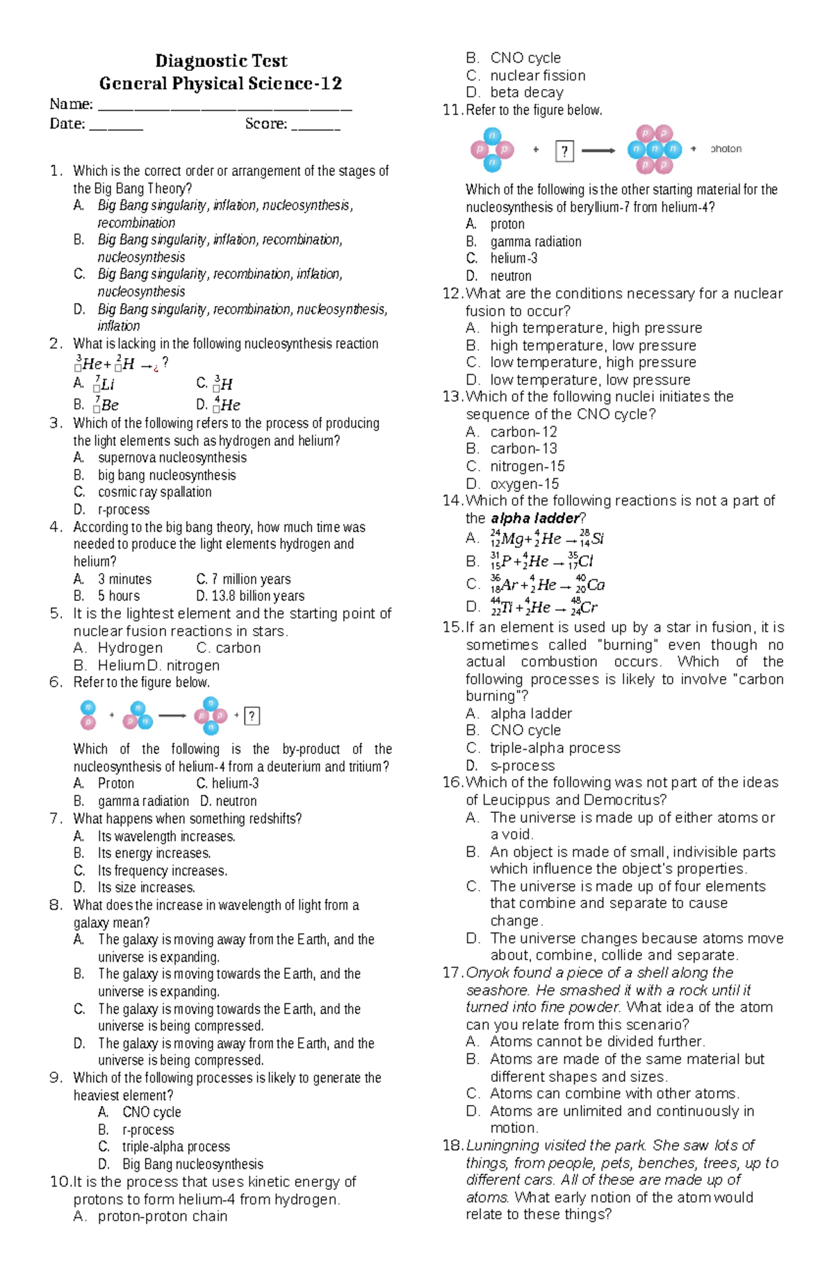 Diagnostic Test - Diagnostic Test General Physical Science- Name: - Studocu