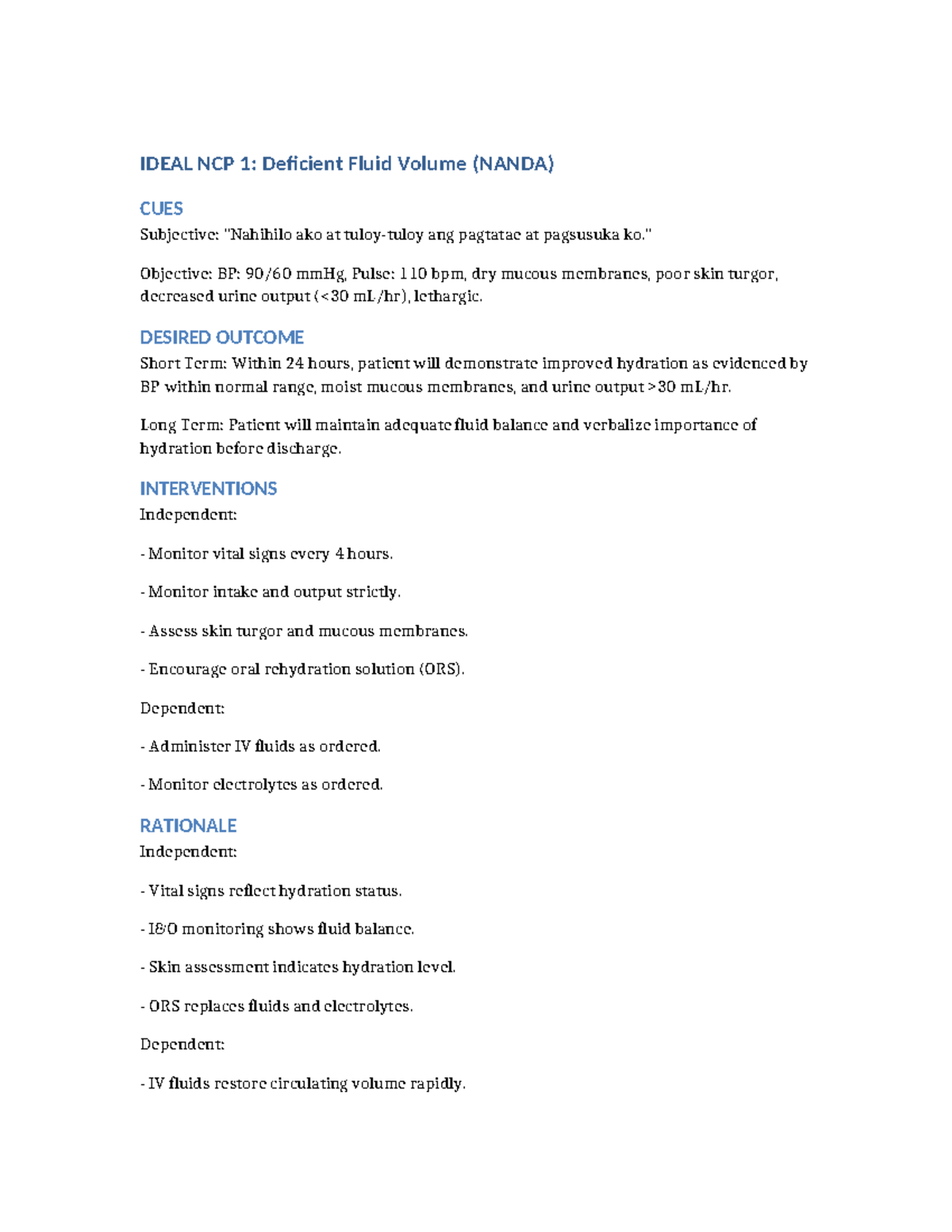 Ideal NCP 1: Deficient Fluid Volume in Gastroenteritis Management - Studocu
